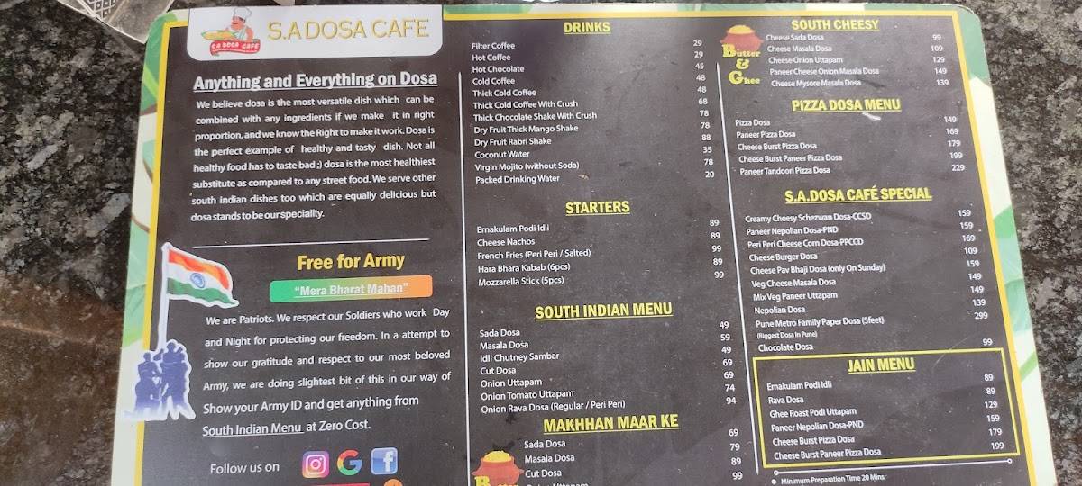 Menu at SA DOSA CAFE, Pune, Shop no