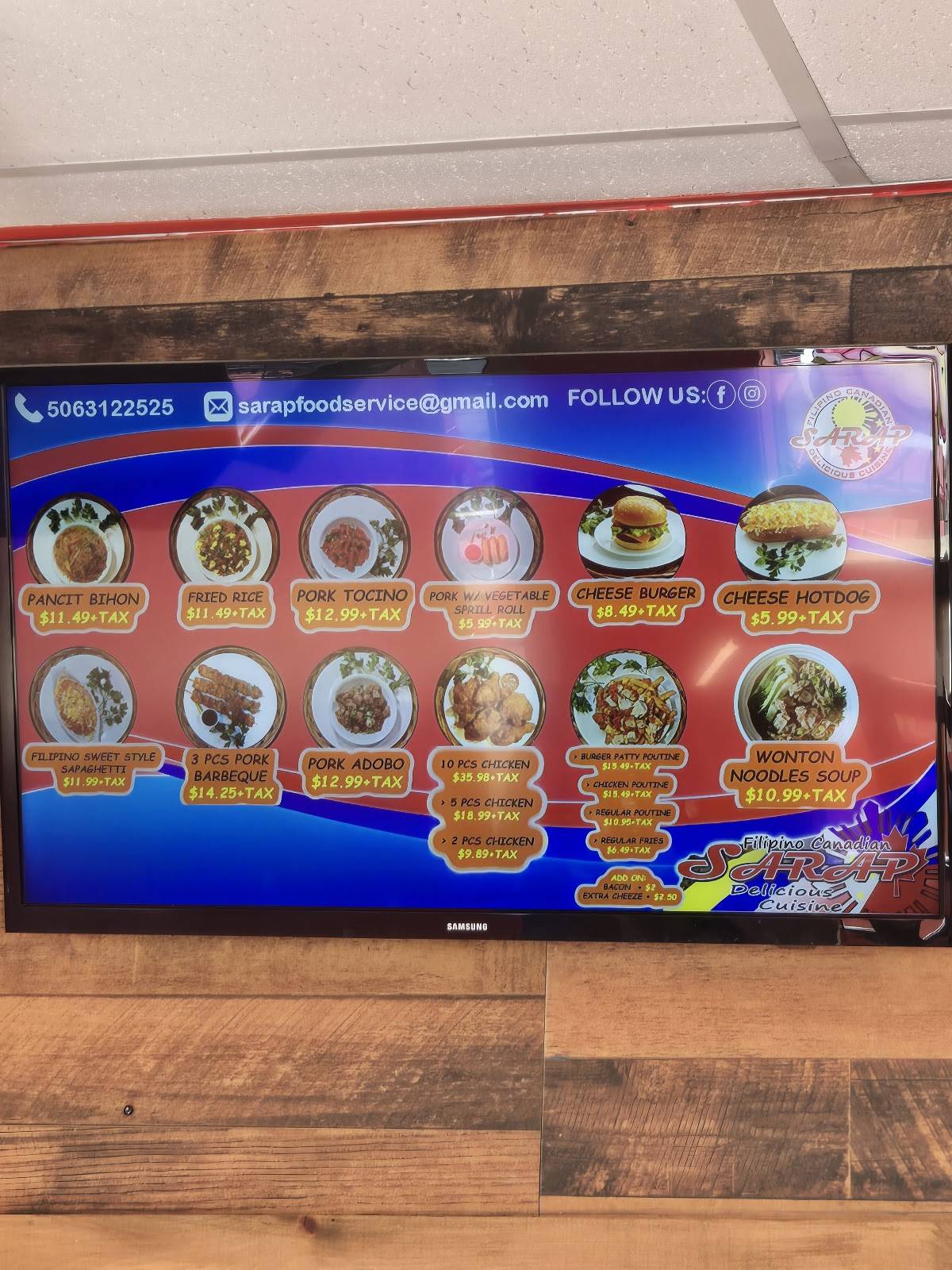 Menu au SARAP (Filipino Canadian ) Take Out/Restaurant), Shediac