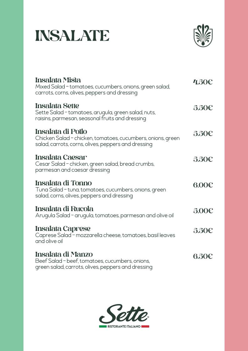 Menu at SETTE - Ristorante Italiano restaurant, Prishtina