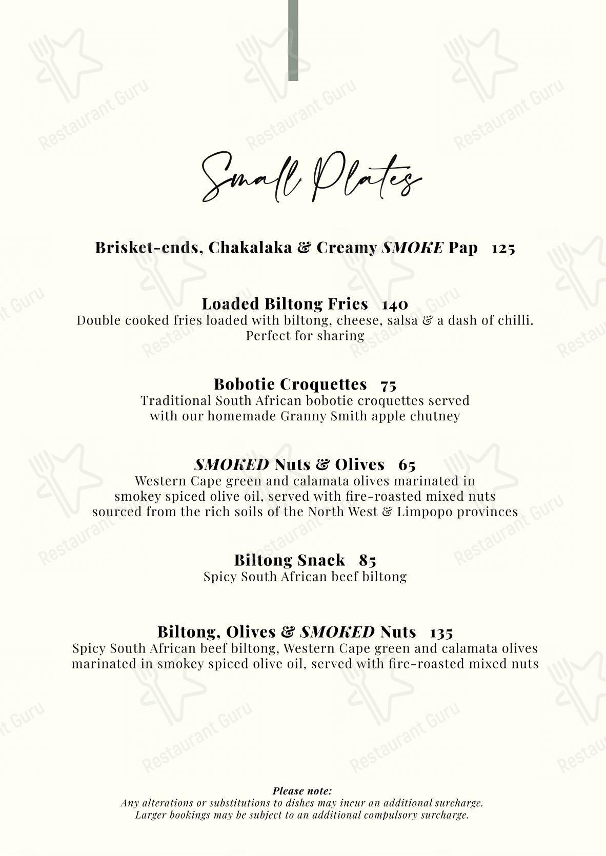 Menu at SMOKE Pretoria pub & bar, Pretoria