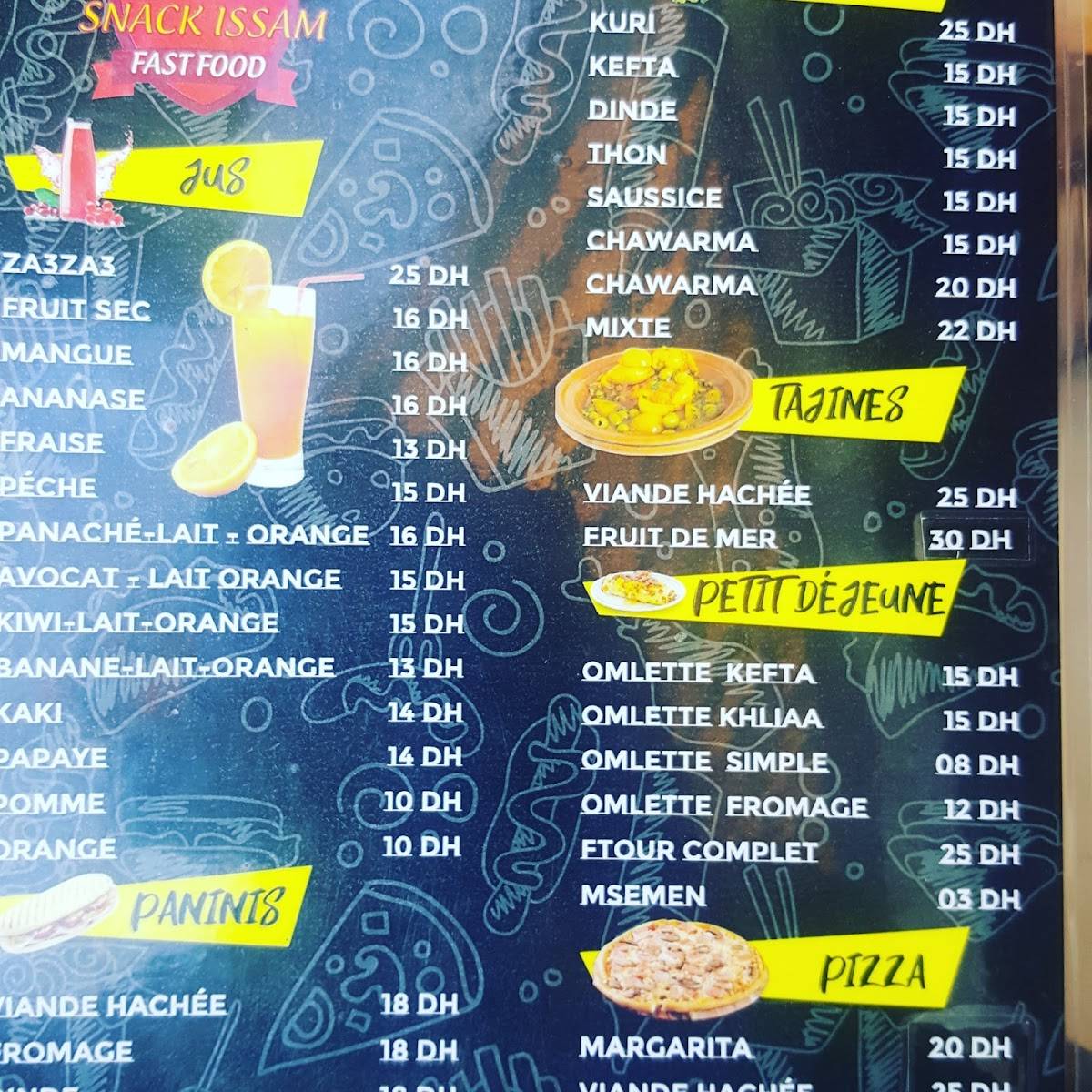 Menu at SNACK S ISSAM restaurant, Marrakesh