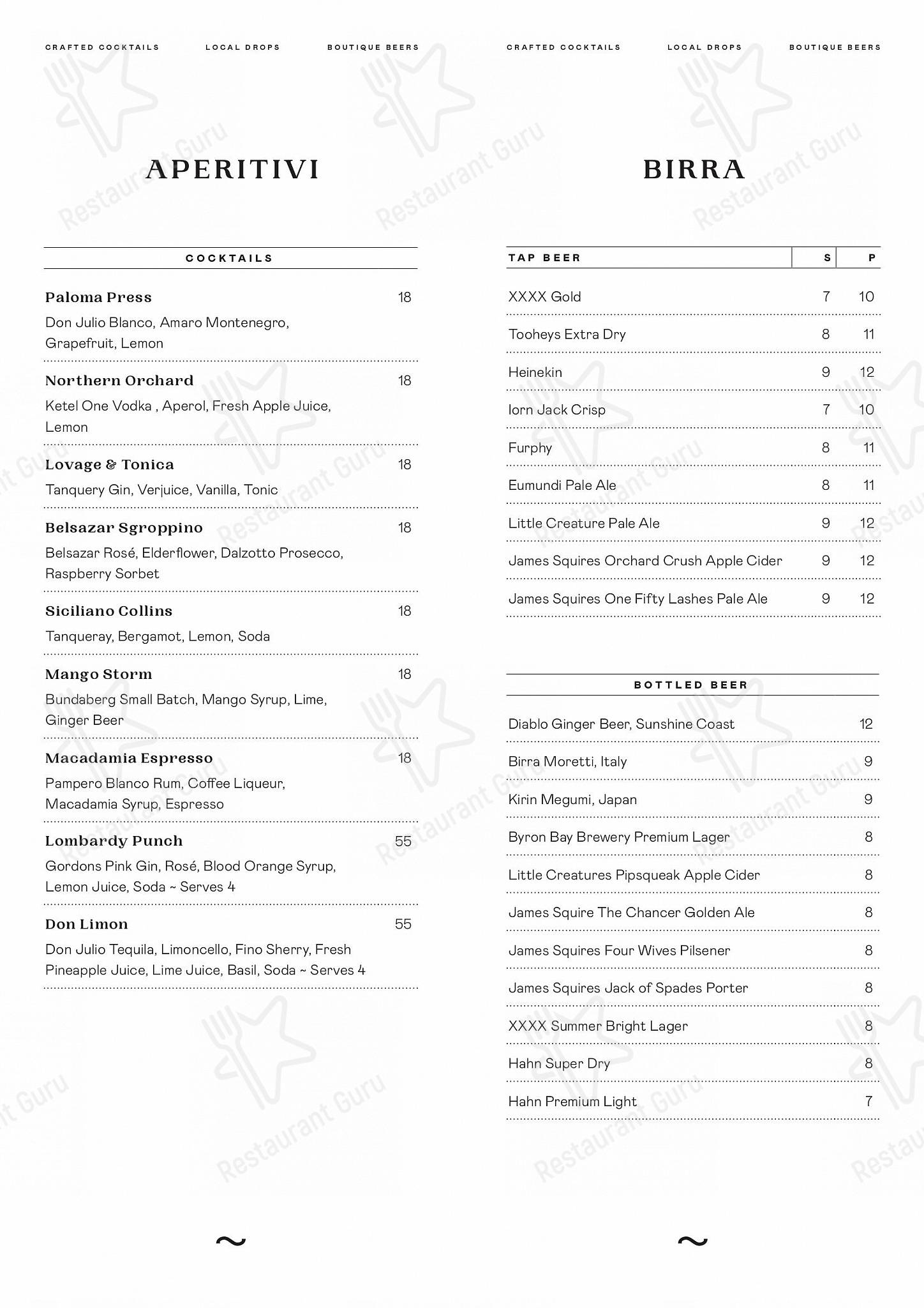 Menu at Sola Bar & Restaurant, Twin Waters