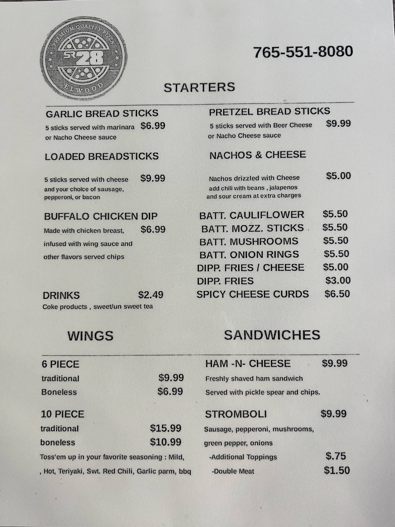 Menu at SR 28 PUB, Elwood