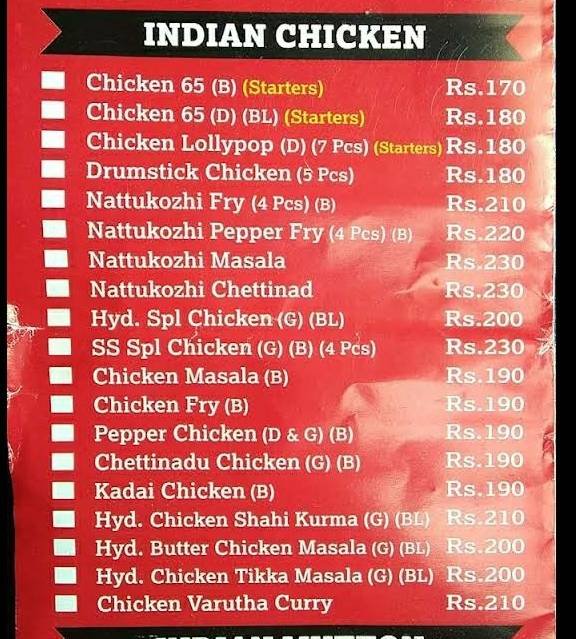 Menu at SS Hyderabad Biryani MKB Nagar, Chennai