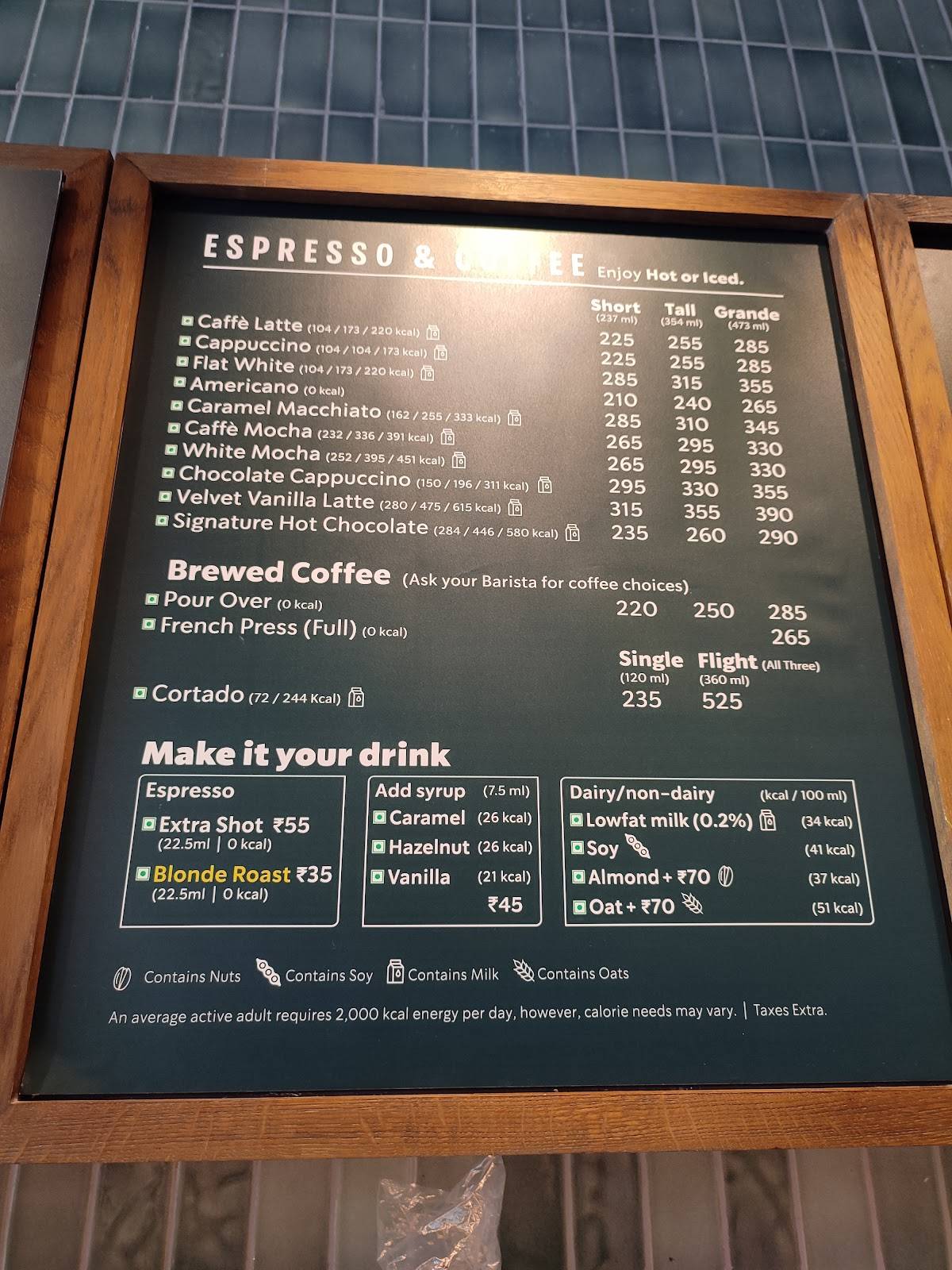 Menu at Starbucks, Ahmedabad, Starbucks coffee