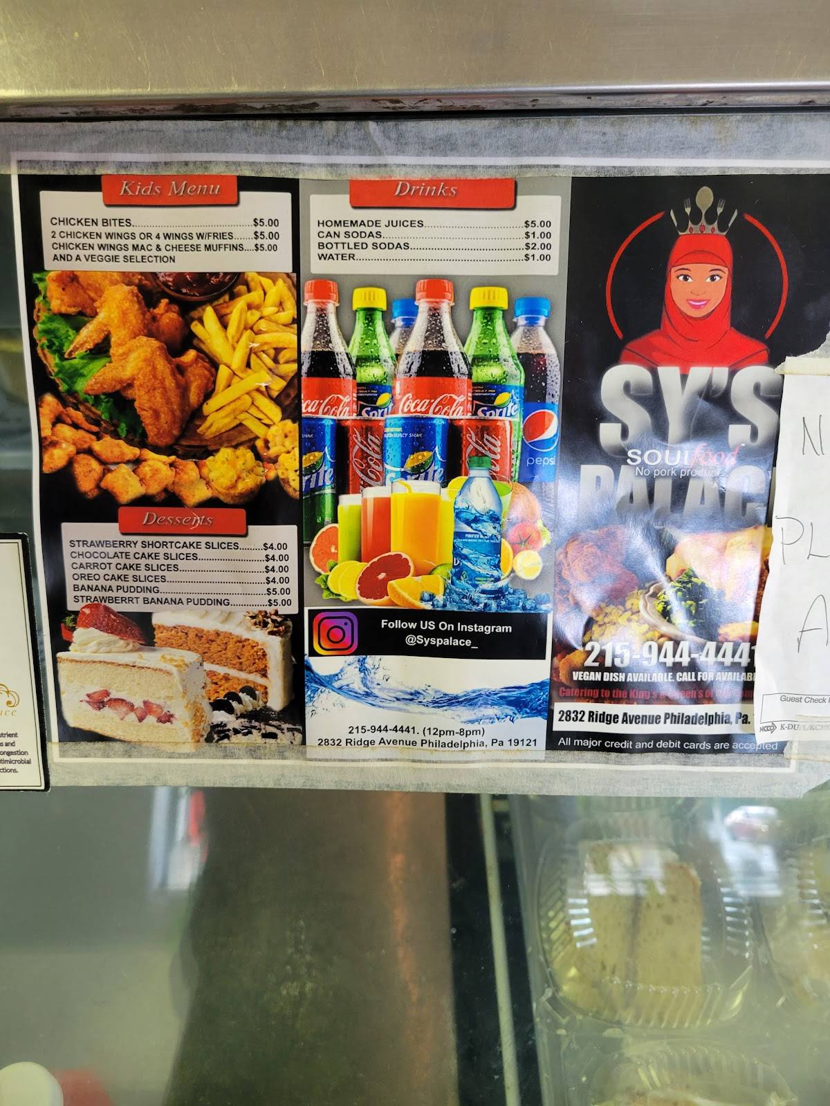 Menu at SY'S SOULFOOD PALACE restaurant, Philadelphia
