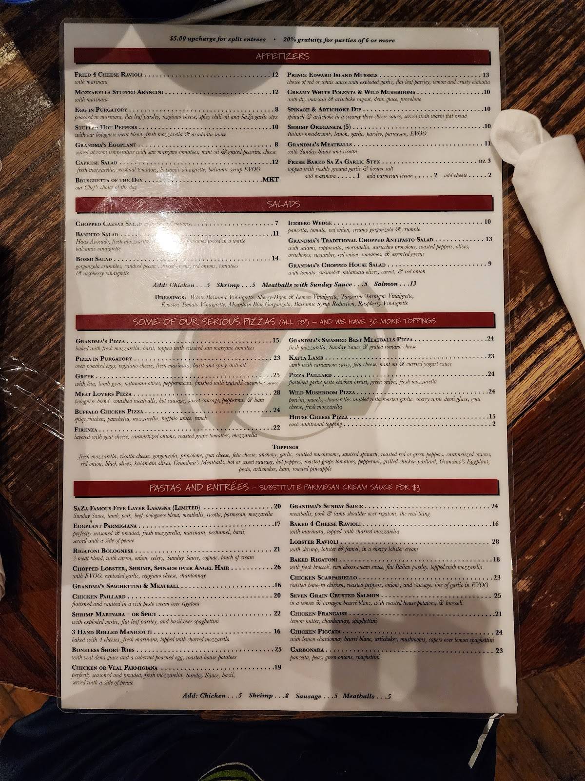 Menu at SaZa Serious Italian Food restaurant, Montgomery, 130 Commerce St