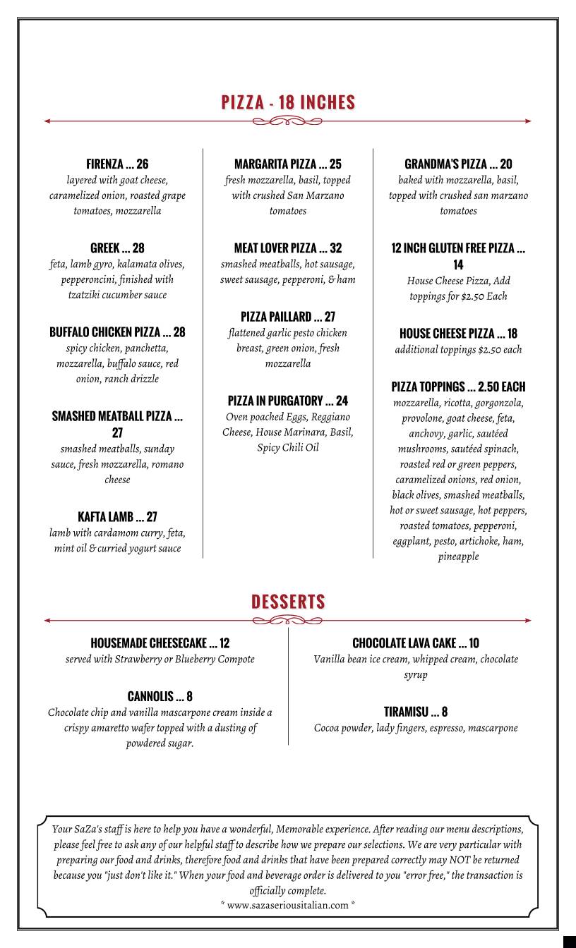 Menu at SaZa Serious Italian Food restaurant, Montgomery, 130 Commerce St