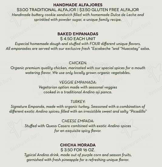 Menu at Sabor Andino, San Francisco