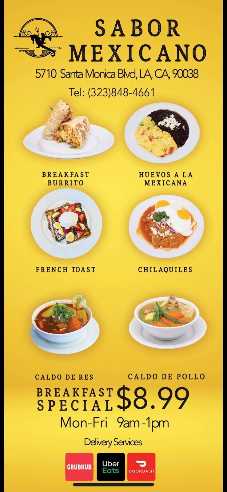 Carta del restaurante Sabor Mexicano, Los Angeles
