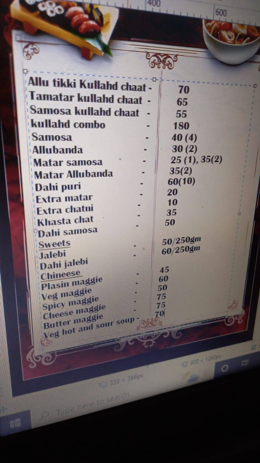 Menu at Sadda India 1947, Rewa