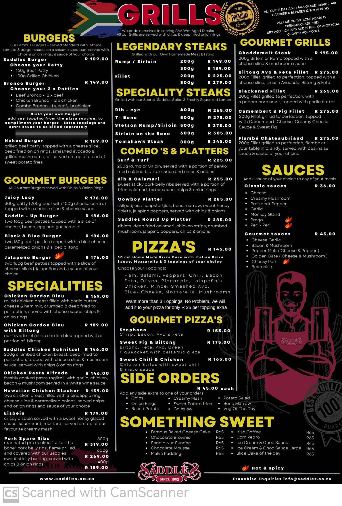 Menu at Saddles Steak Ranch Bottelary restaurant, Cape Town
