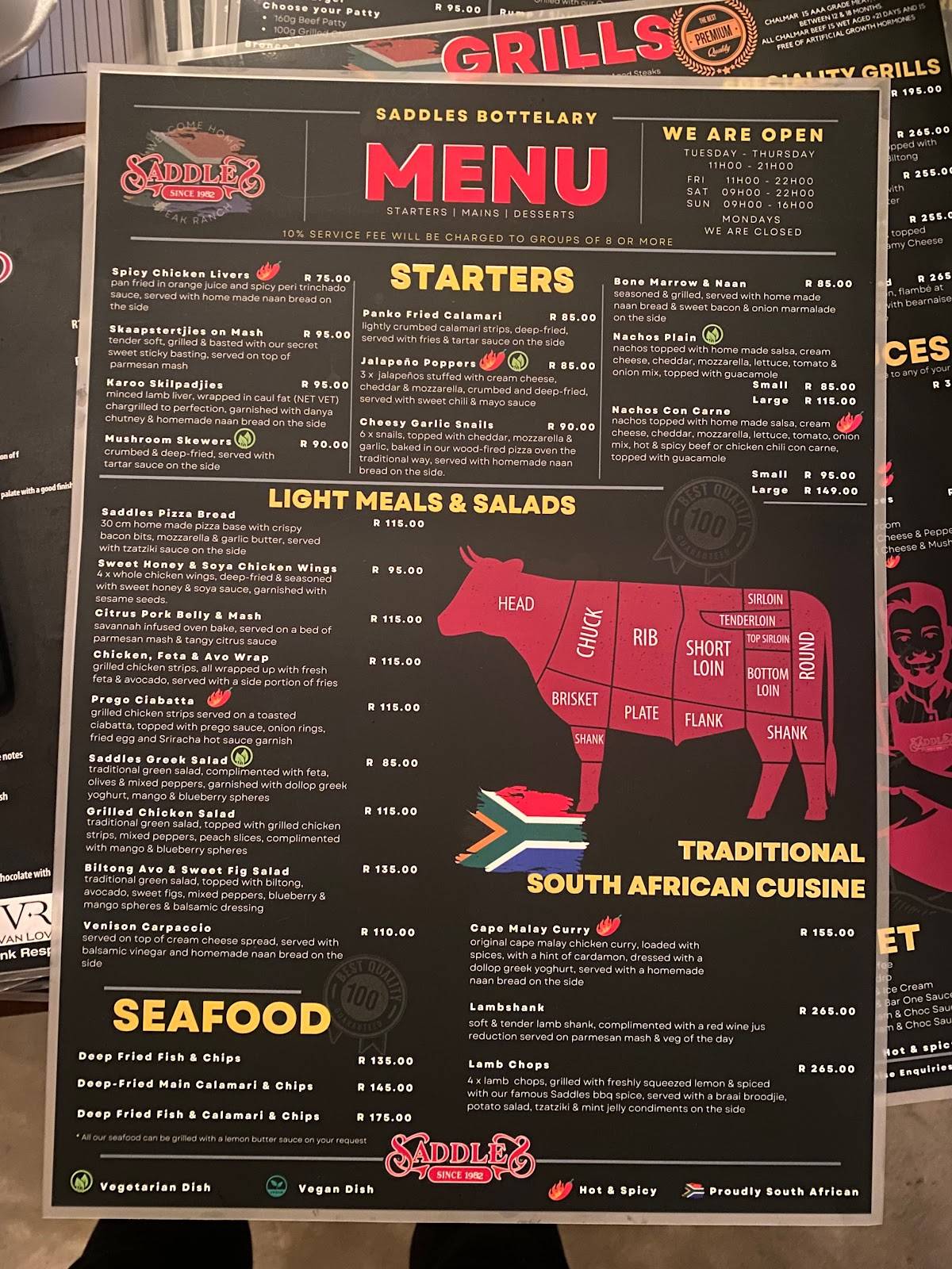 Menu at Saddles Steak Ranch Bottelary restaurant, Cape Town