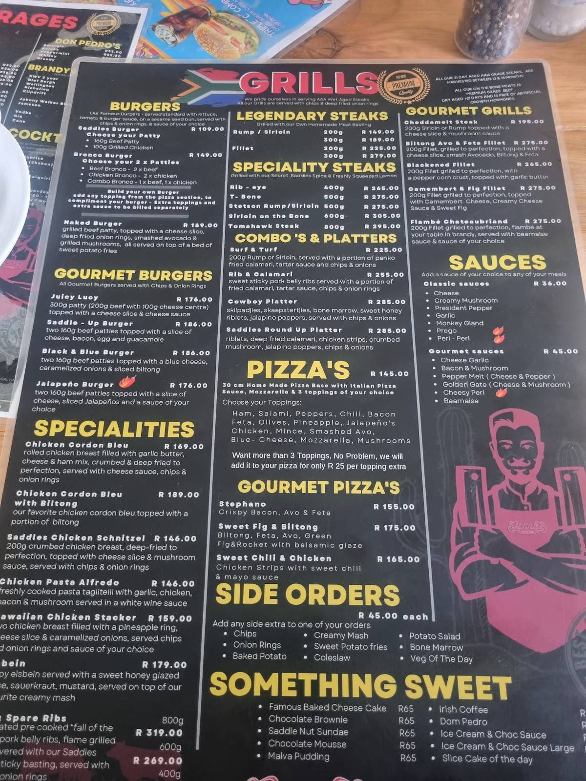 Menu at Saddles Steak Ranch Bottelary restaurant, Cape Town