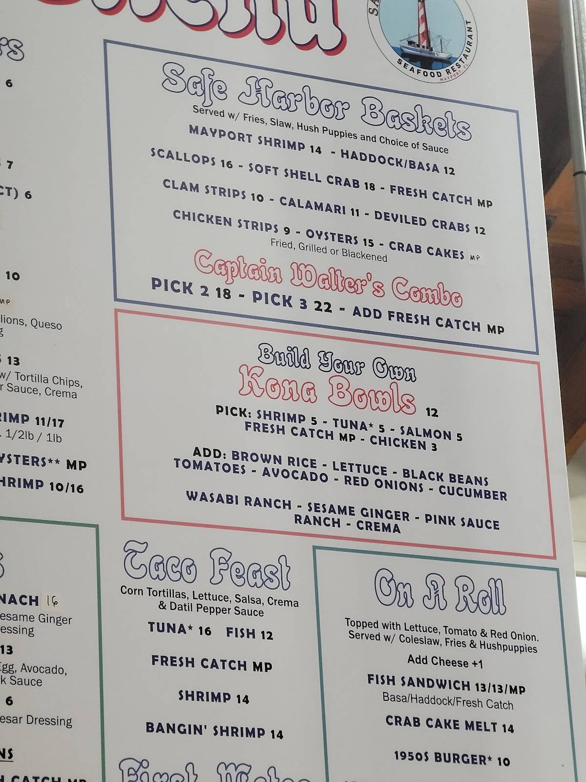 Menu at Safe Harbor Seafood Restaurant, Jacksonville, Ocean St #3
