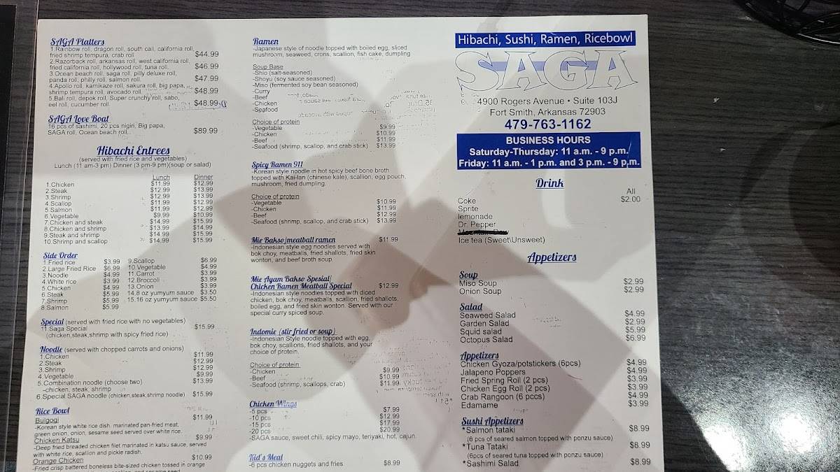 Menu at Saga restaurant, Fort Smith