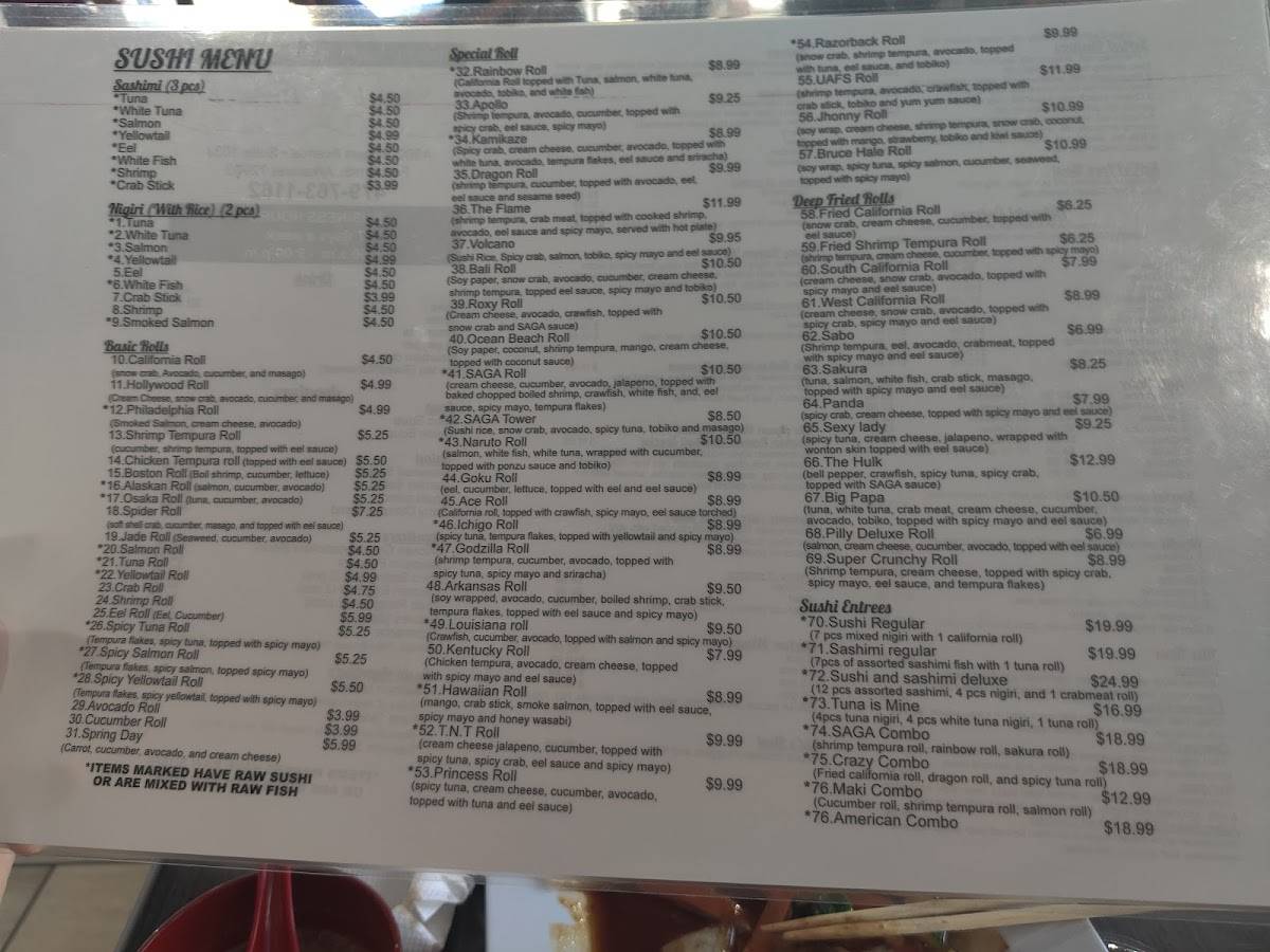 Menu at Saga restaurant, Fort Smith