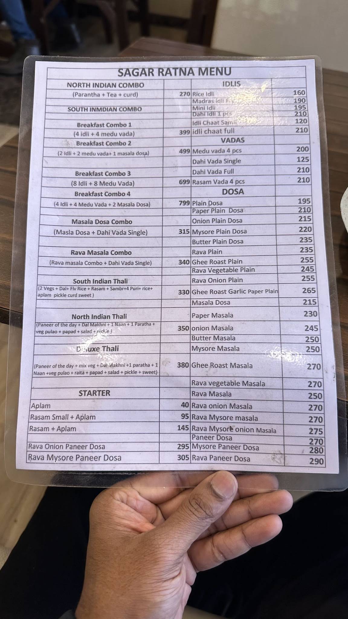Menu at Sagar Ratna Pahalgam, Pahalgam