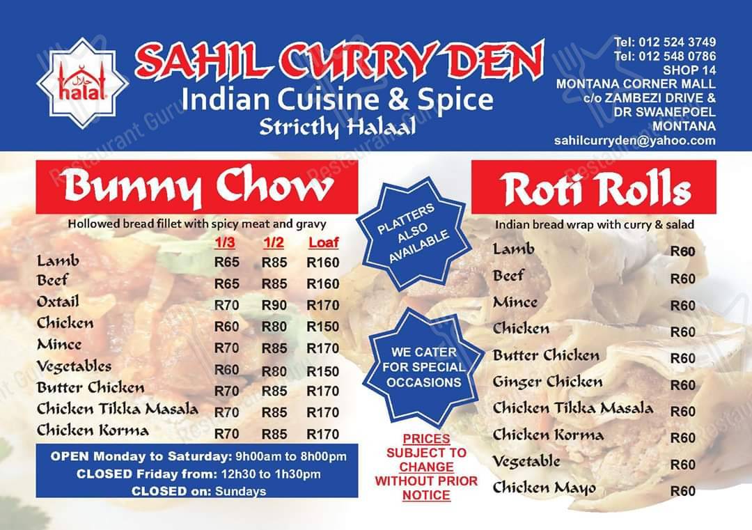 Menu at SAHIL CURRY DEN...STRICTLY HALAAL restaurant, Pretoria