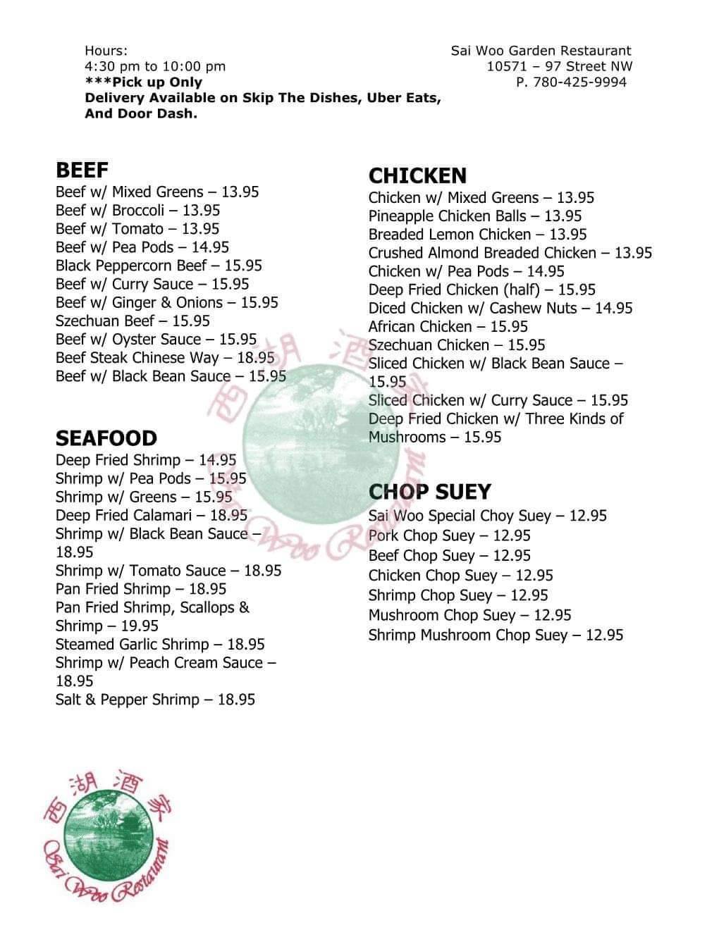 Menu at Sai Woo Garden restaurant, Edmonton