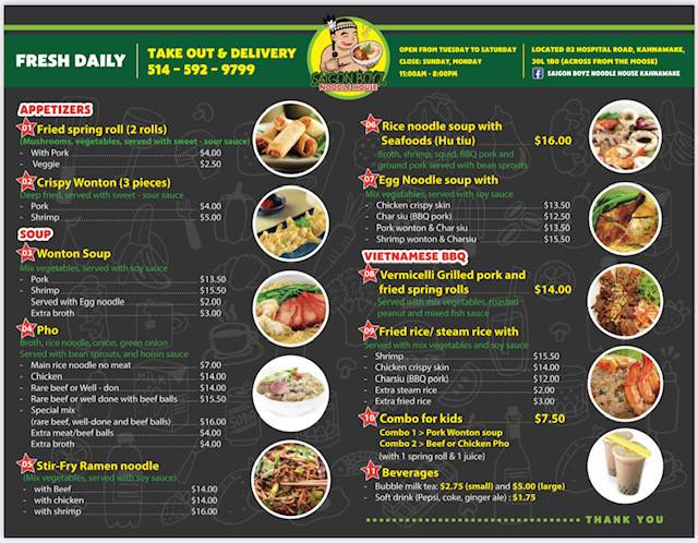 Menu at Saigon Boyz Noodle House Kahnawake restaurant, Kahnawake