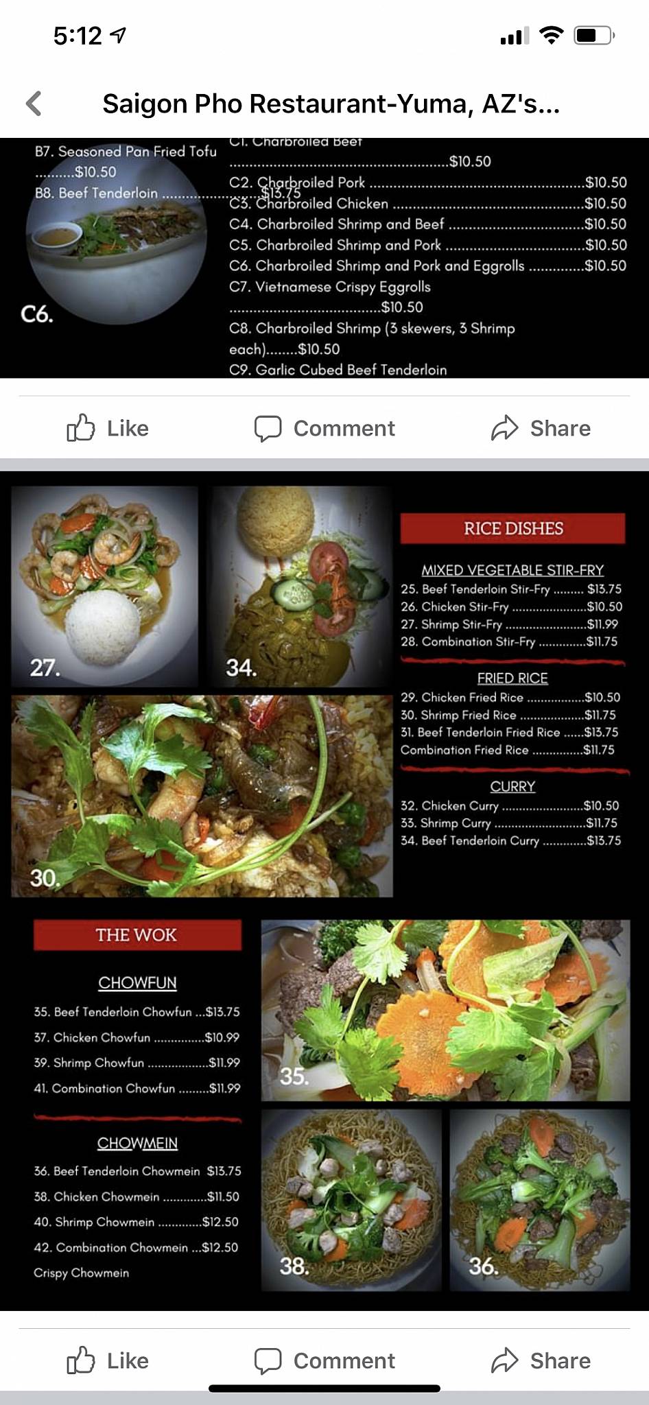 Menu at Saigon Pho Restaurant, Yuma