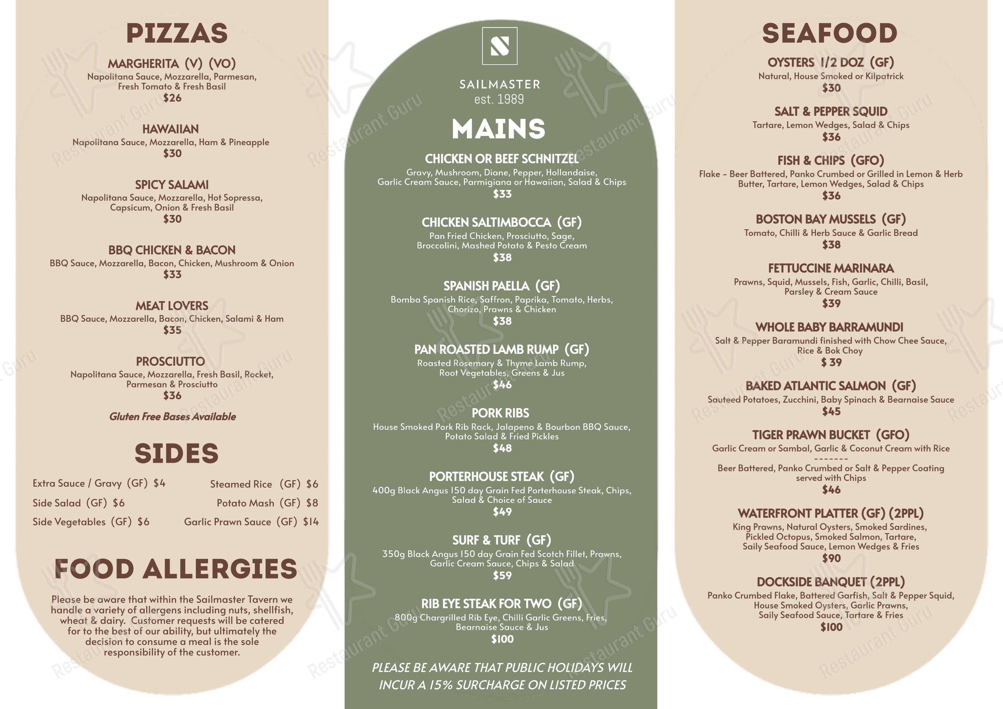 Menu at Sailmaster Tavern pub & bar, North Haven, 16 Arcadia Ct