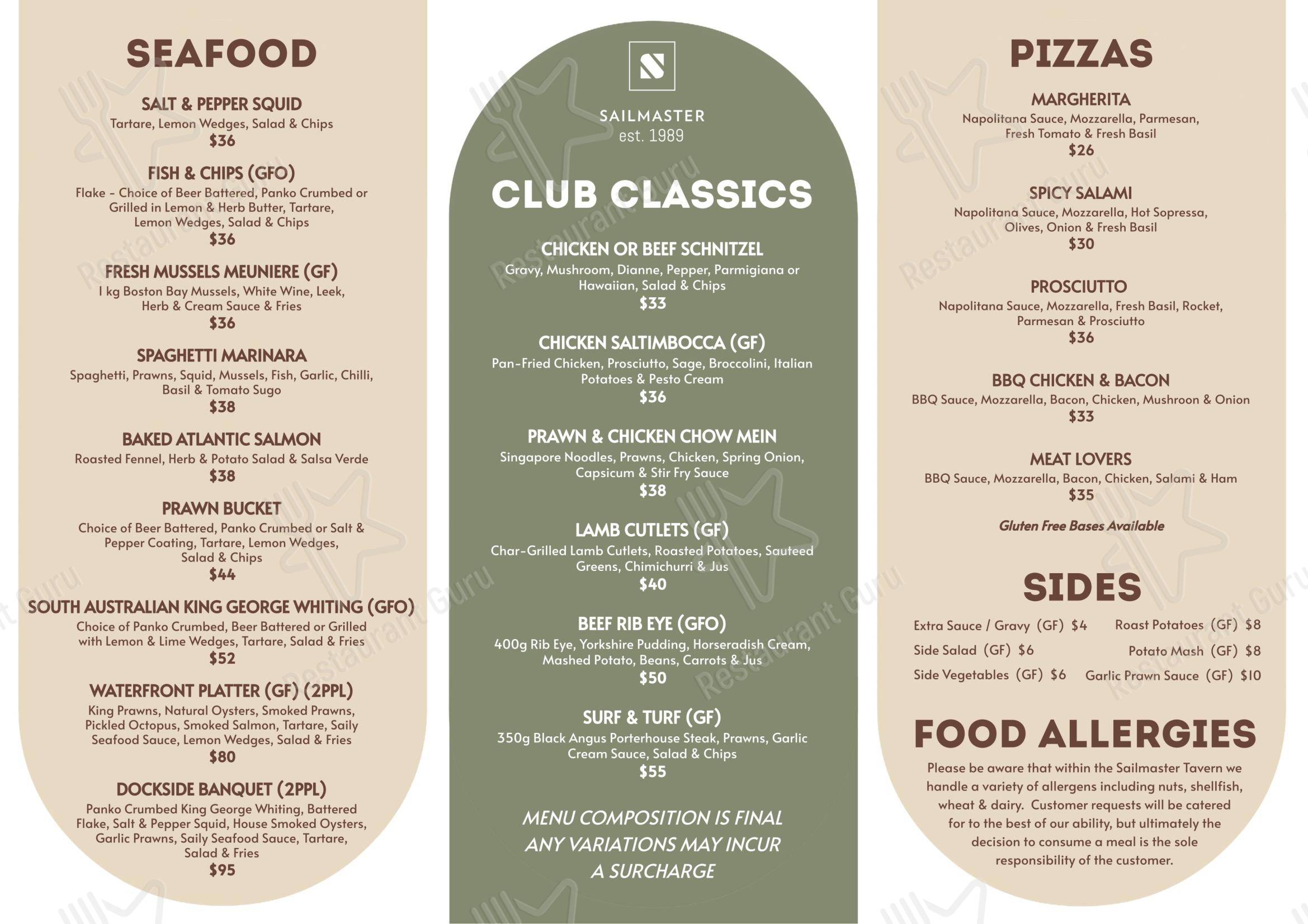 Menu at Sailmaster Tavern pub & bar, North Haven, 16 Arcadia Ct