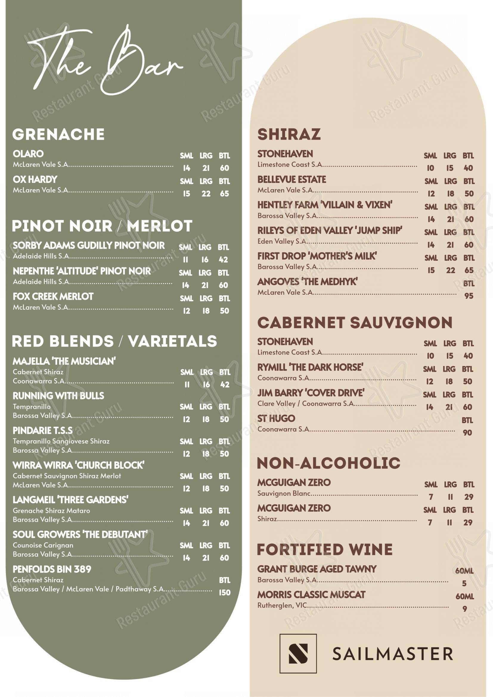 Menu at Sailmaster Tavern pub & bar, North Haven, 16 Arcadia Ct