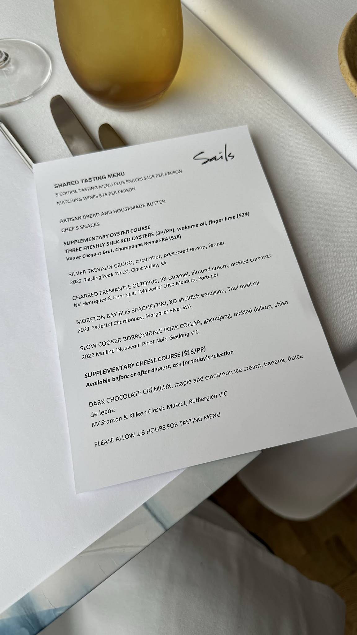 Menu at Sails on Lavender Bay restaurant, McMahons Point