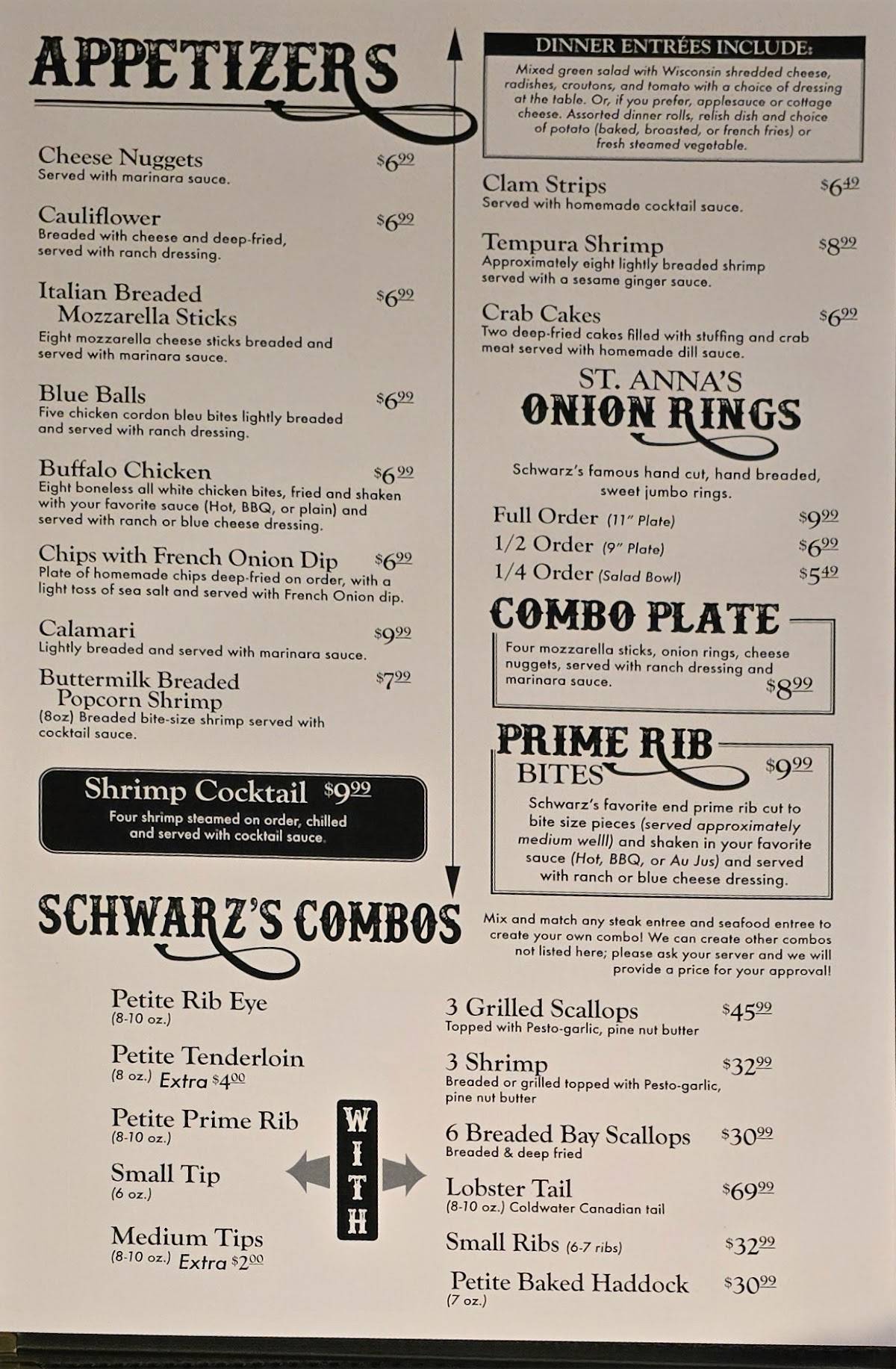 Menu at Schwarz's Supper Club, Saint Anna
