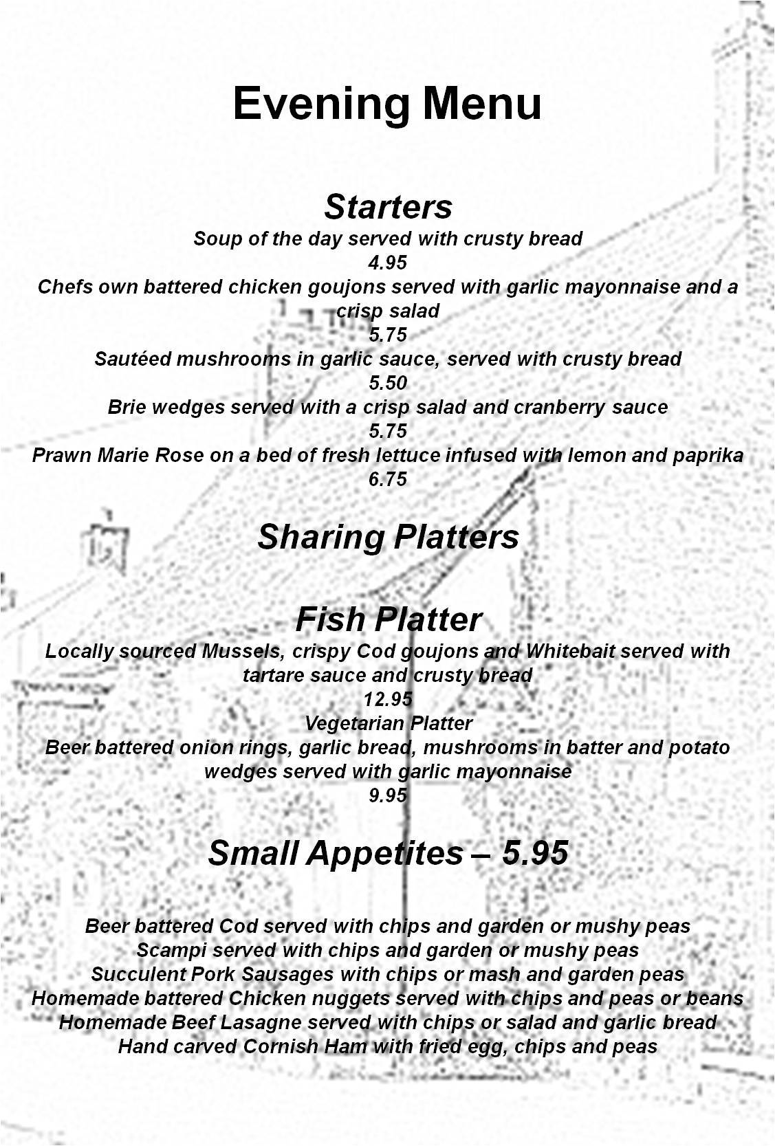 Menu at The Crown Inn pub & bar, Saint Ewe, Churchtown Cottage