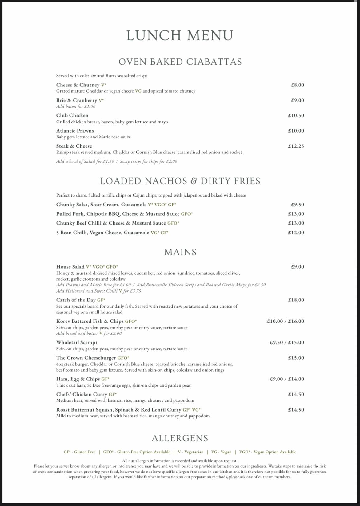 Menu at The Crown Inn pub & bar, Saint Ewe, Churchtown Cottage