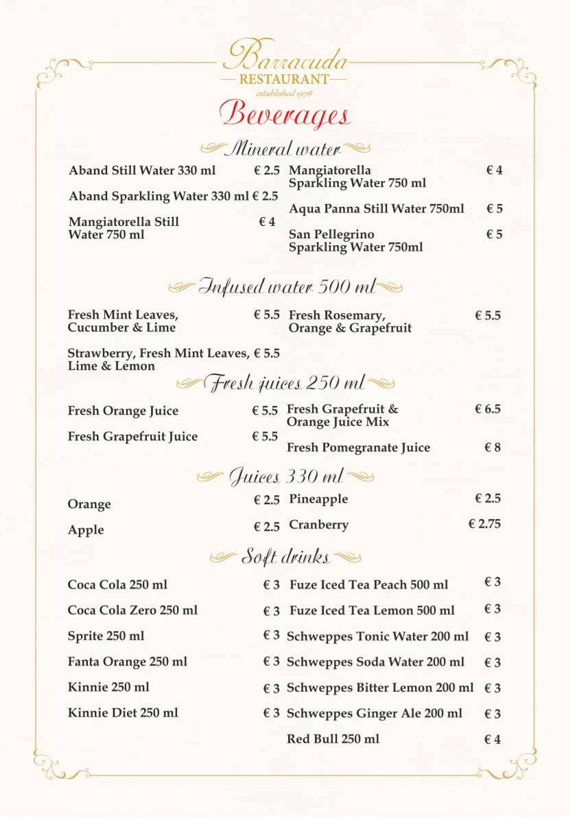 Menu at Barracuda Restaurant, Saint Julian's