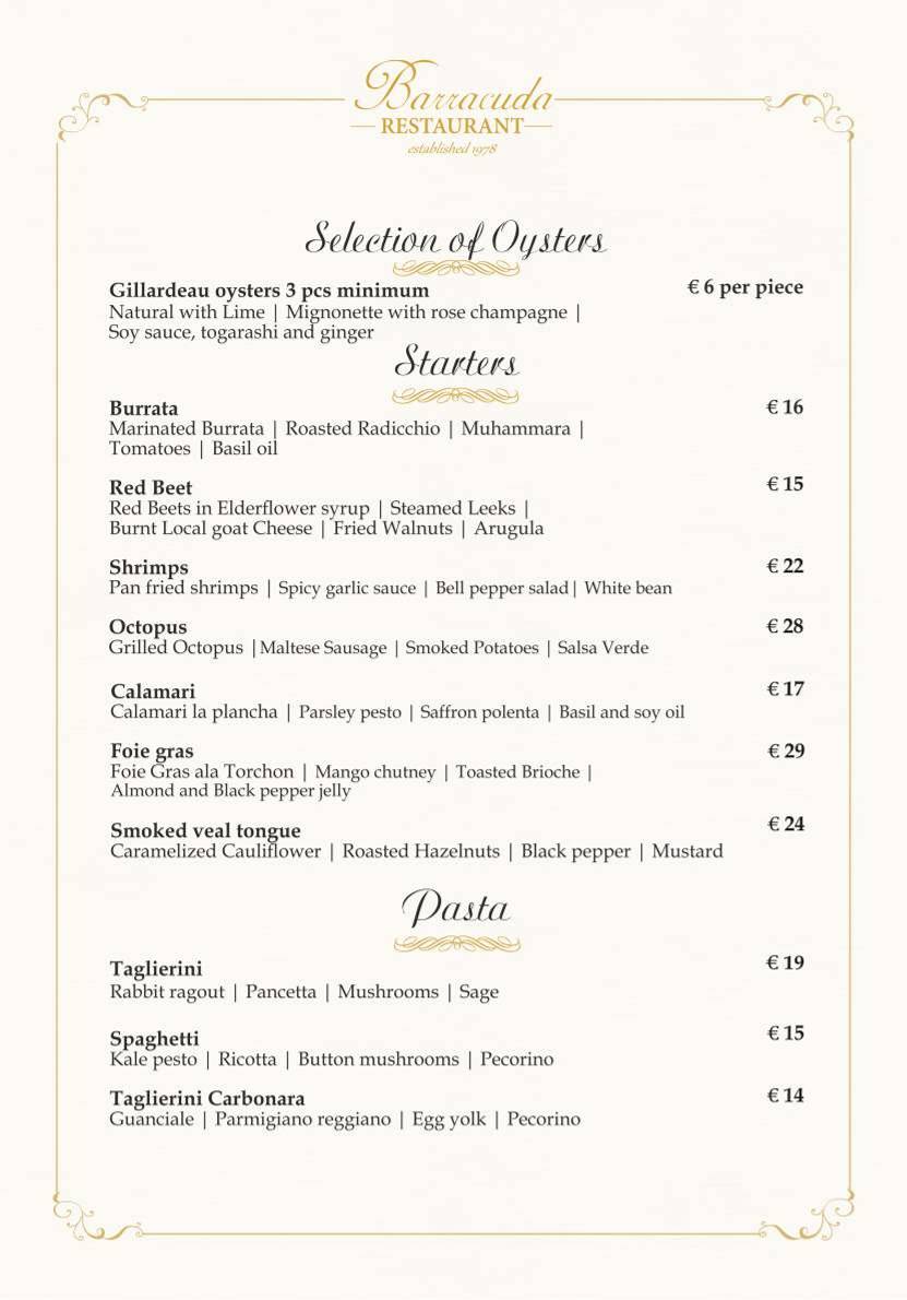 Menu at Barracuda Restaurant, Saint Julian's
