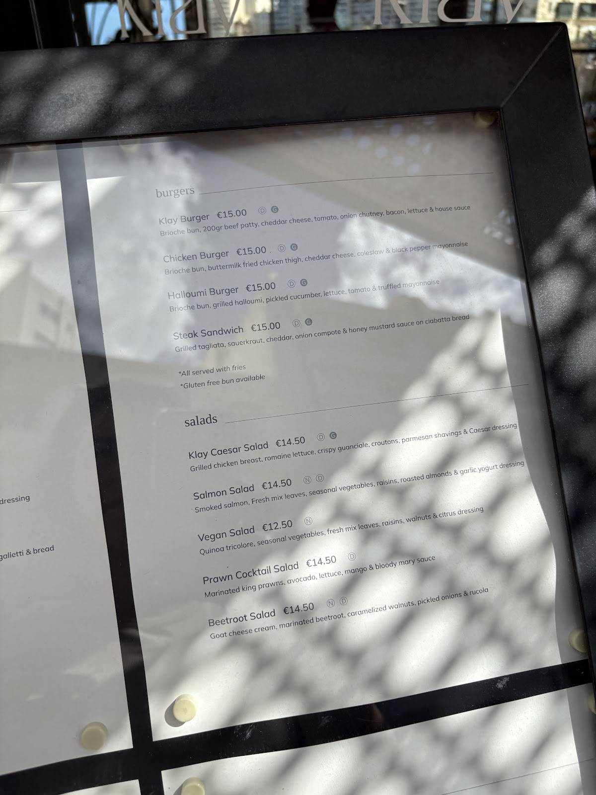 Menu at Klay restaurant, Saint Julian's