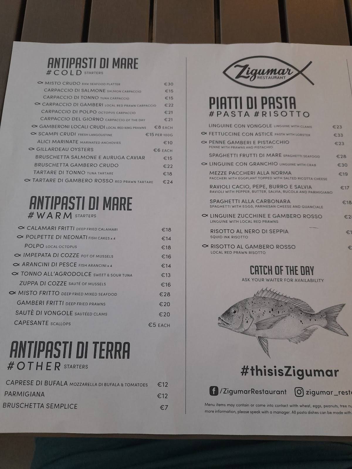Menu at Zigumar Restaurant, Saint Paul's Bay