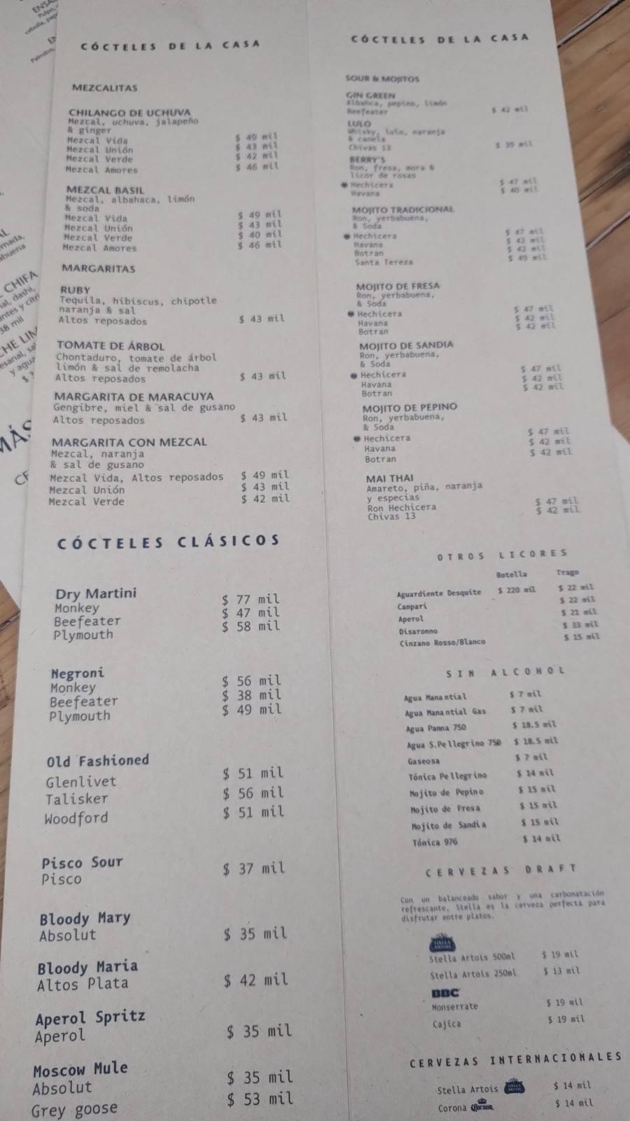 Carta del restaurante Salón Tropical, Bogotá