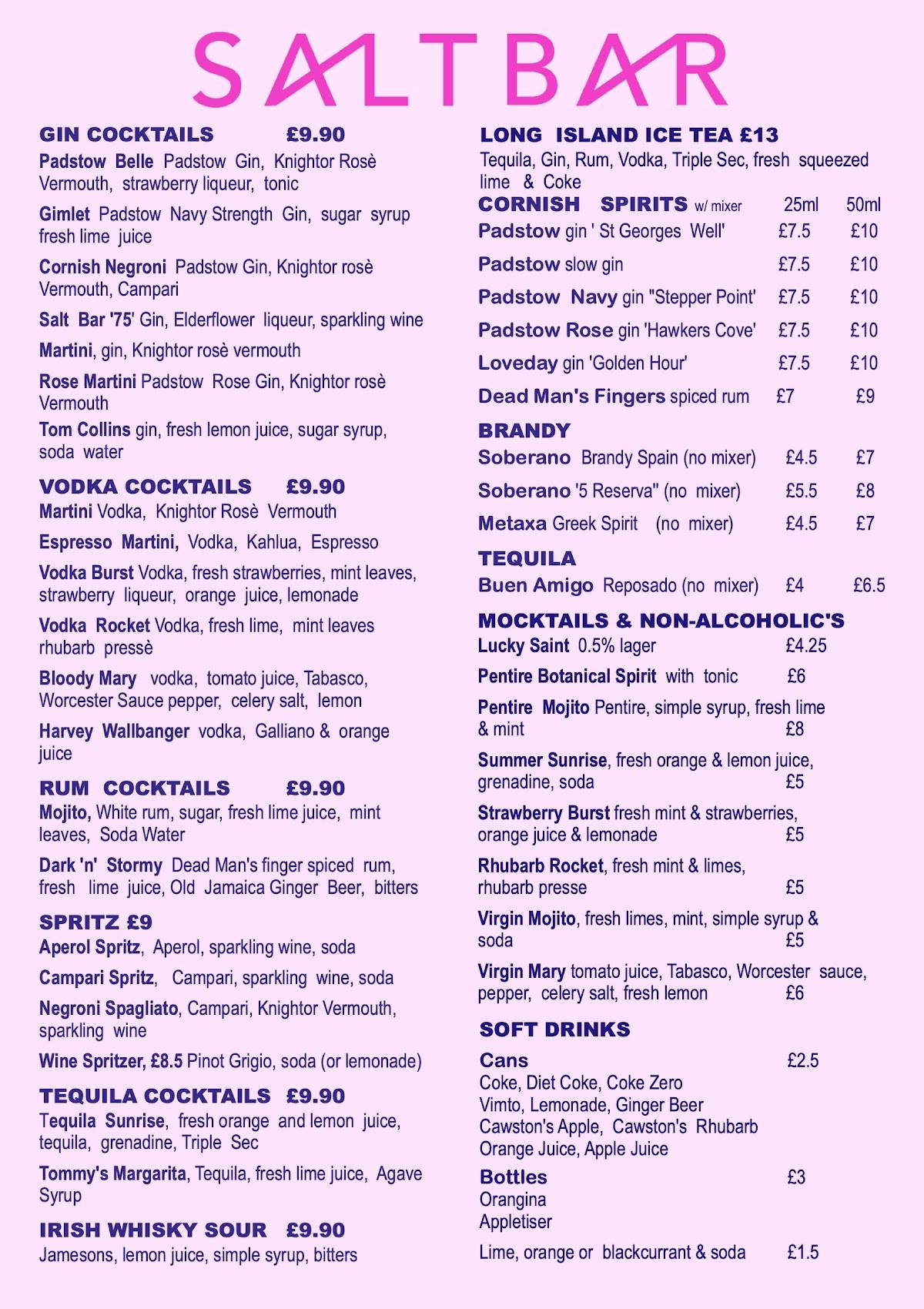 Menu at Salt Bar and Kitchen at Salt Box, Wadebridge