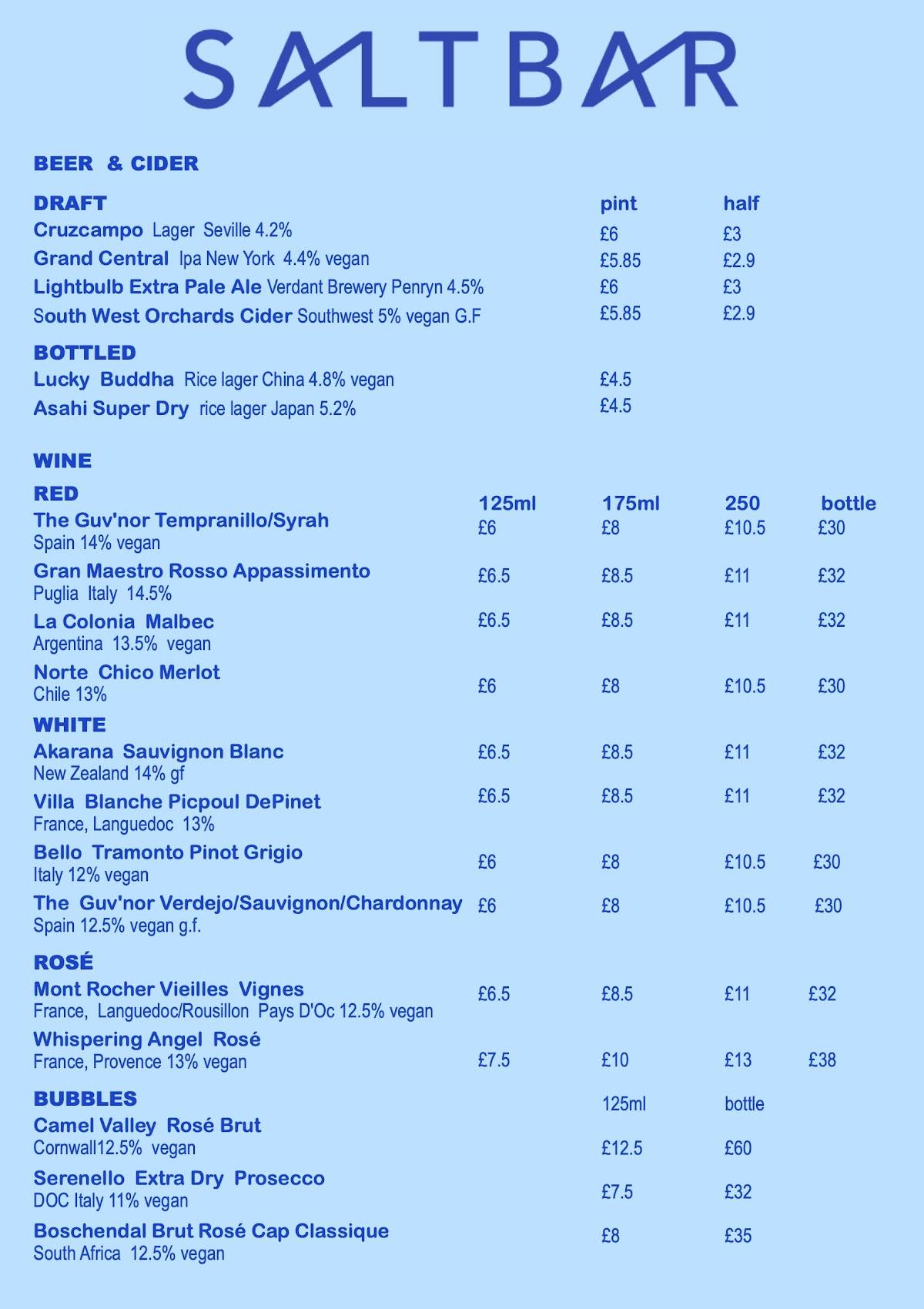 Menu at Salt Bar and Kitchen at Salt Box, Wadebridge