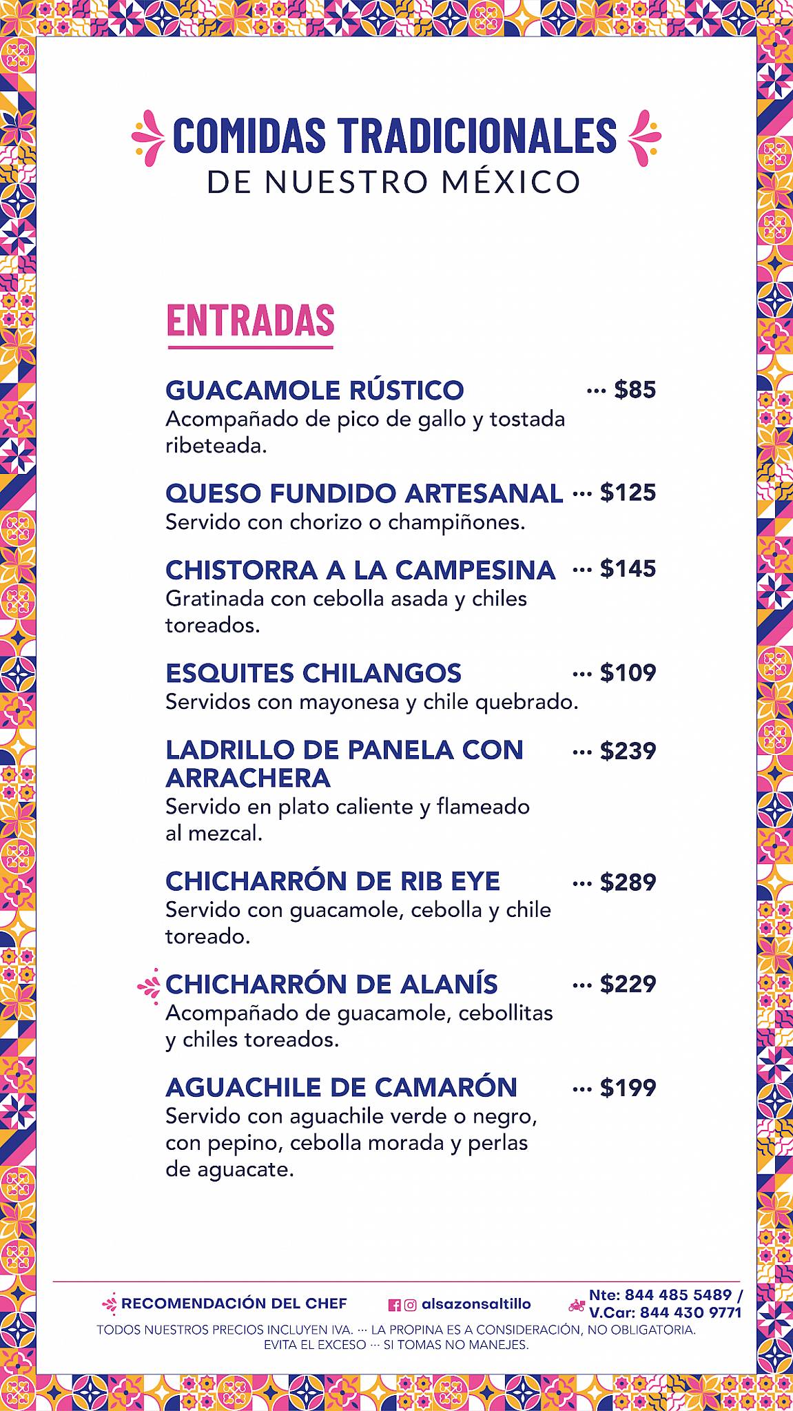 Carta del restaurante Al Sazón Mexicano, Saltillo