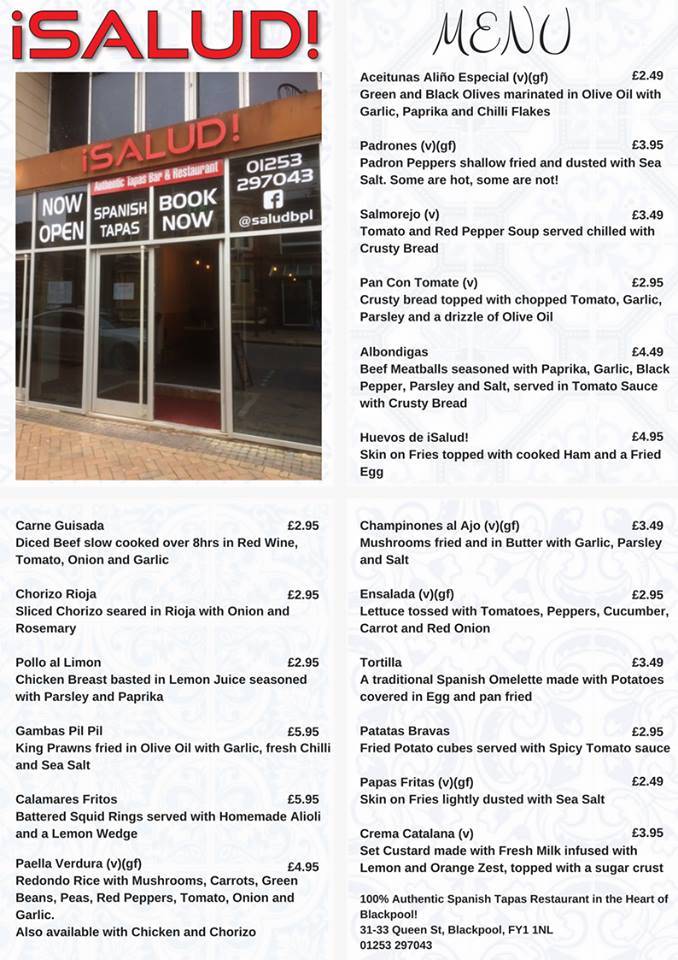 Carta del restaurante Salud Tapas, Blackpool