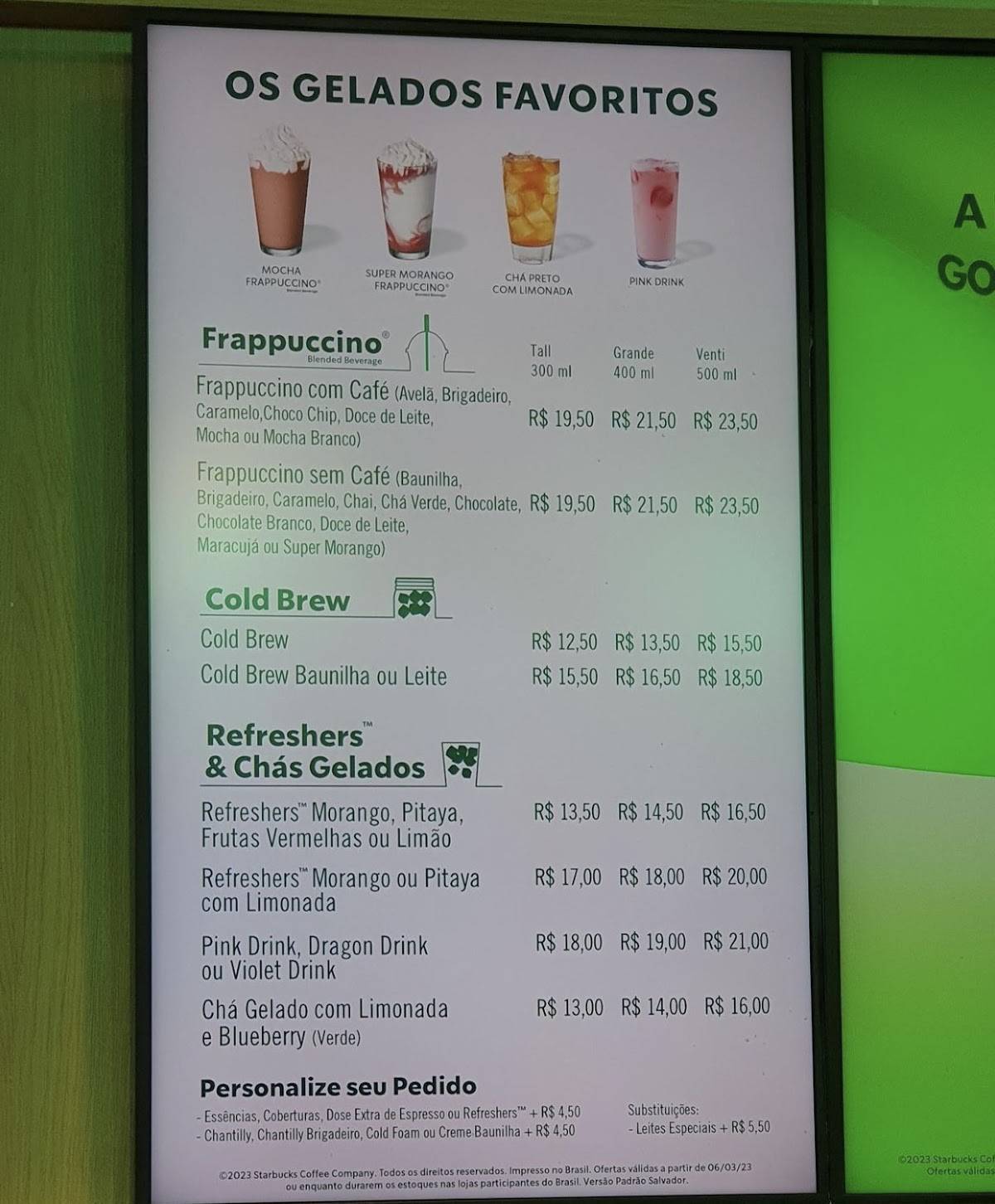 Menu at Starbucks cafe, Salvador, Av. Tancredo Neves