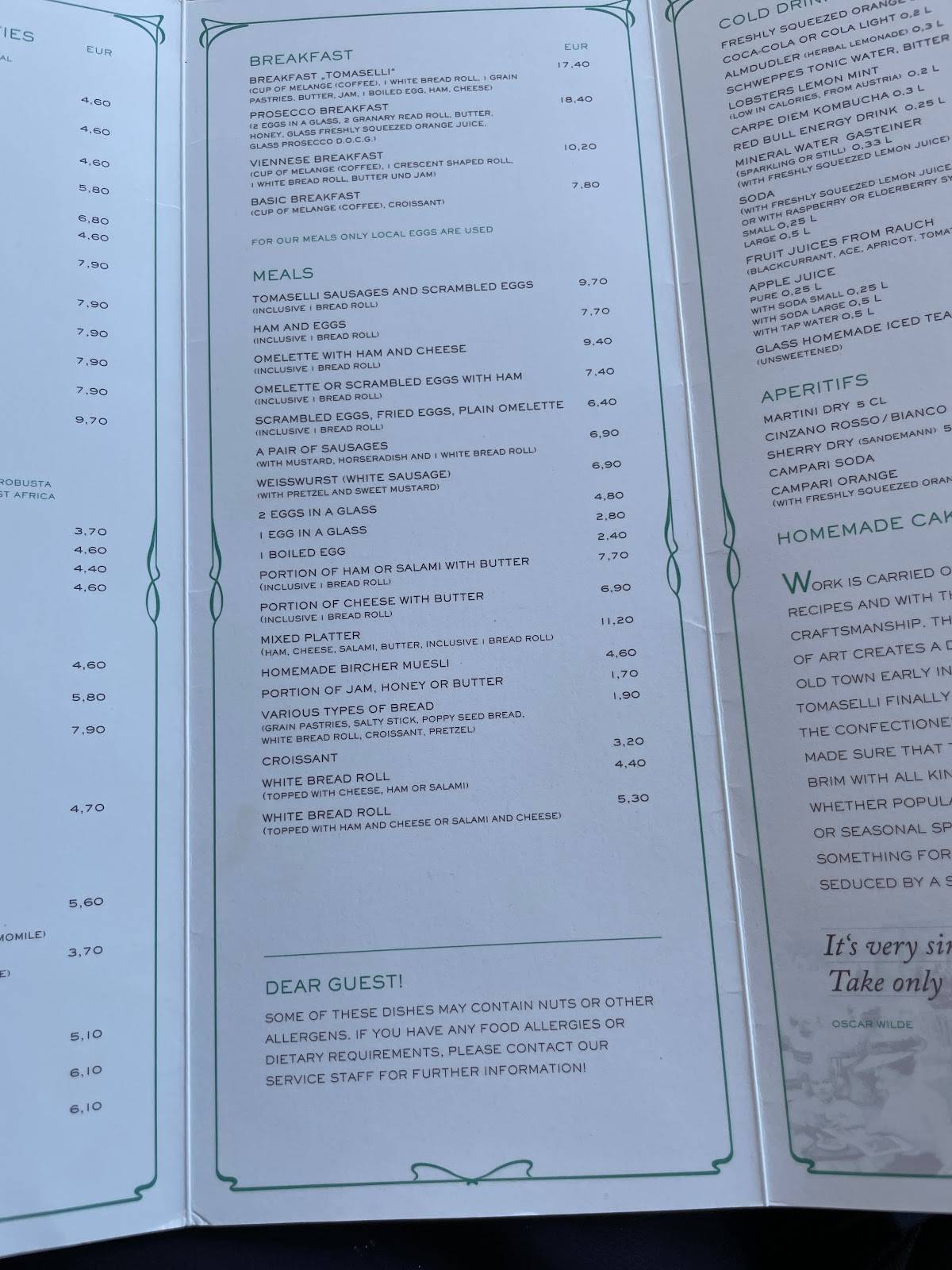 Menu at Café Tomaselli cafe, Salzburg