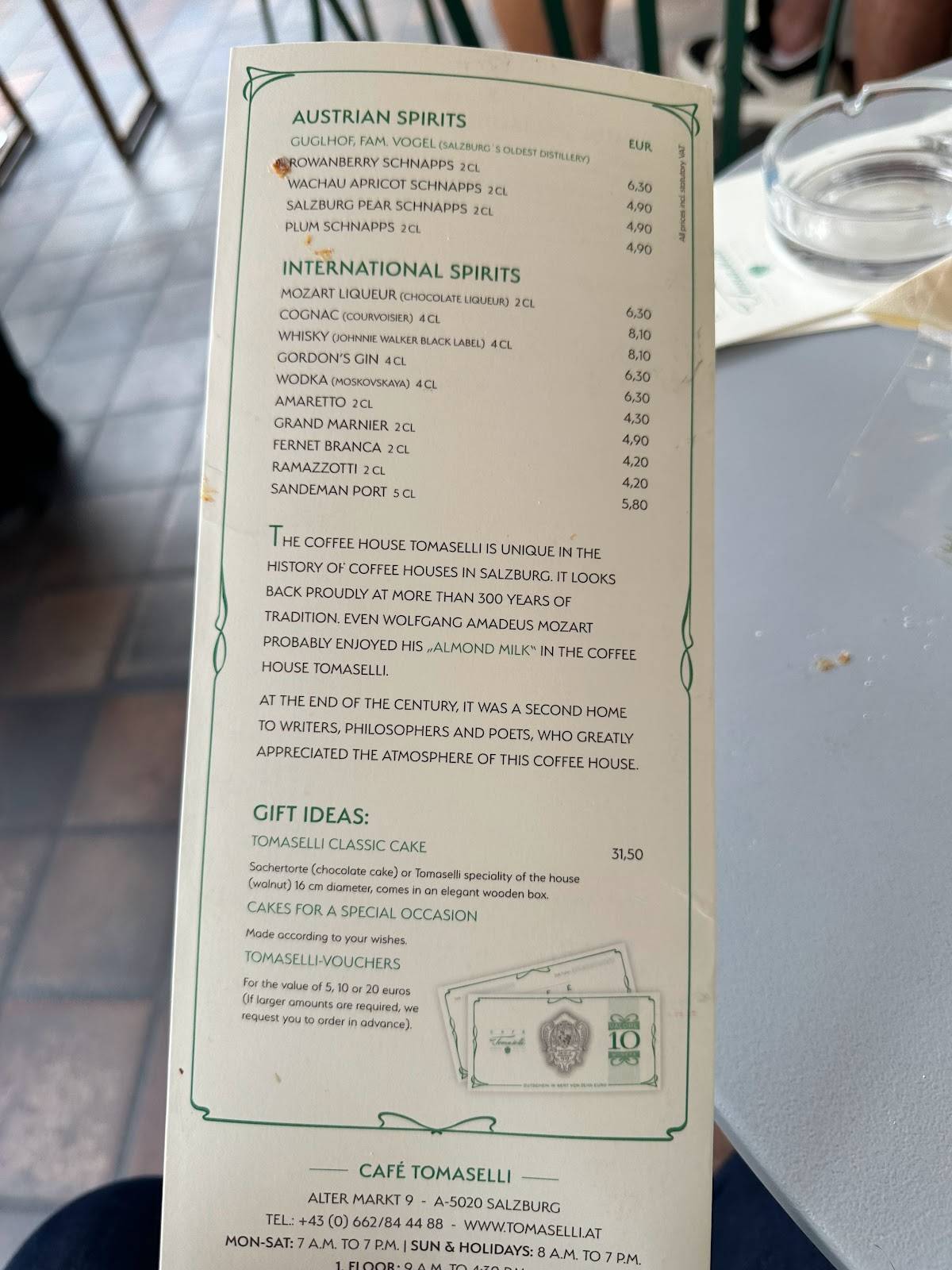 Menu at Café Tomaselli cafe, Salzburg