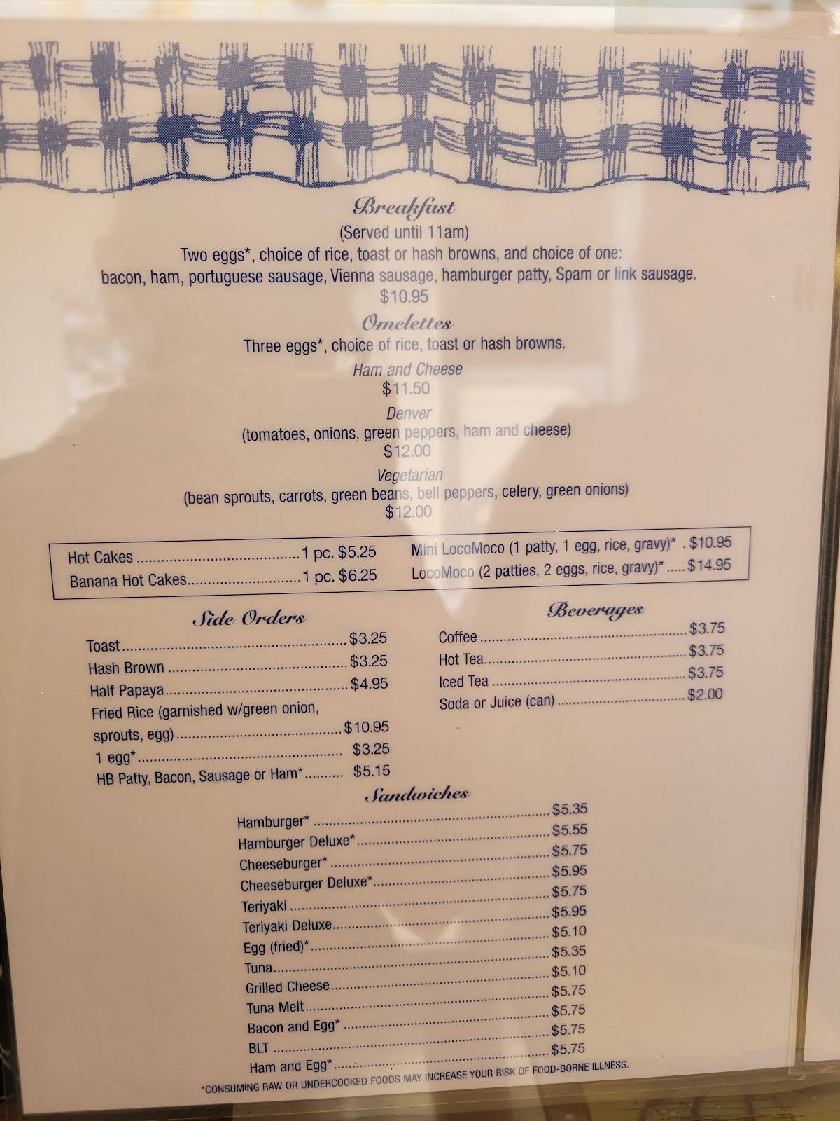 Menu at Sam Sato's Inc restaurant, Wailuku