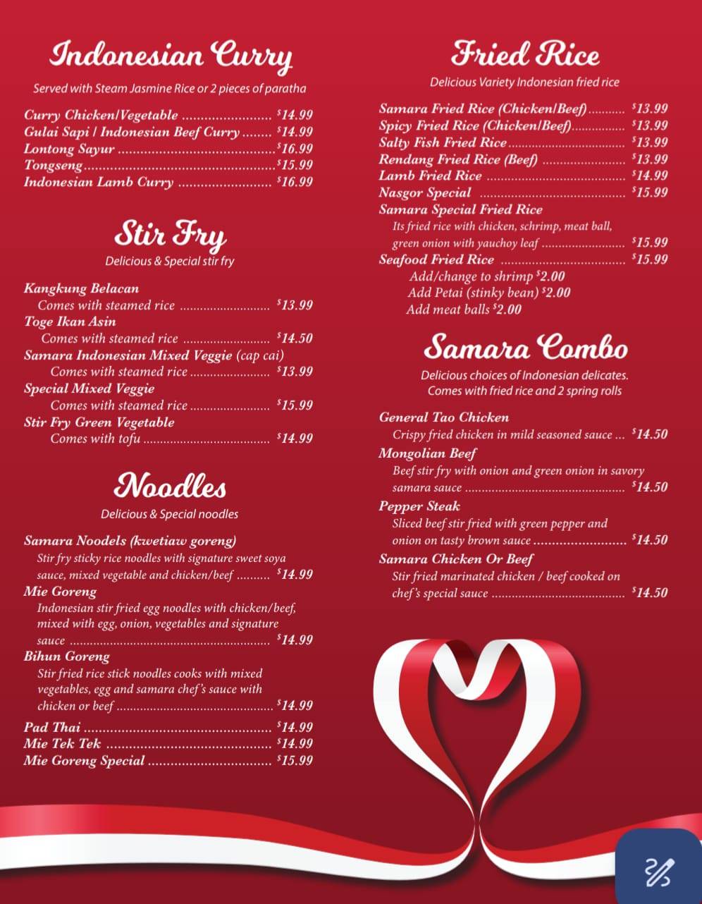 Menu at Samara Kitchen restaurant, Mississauga