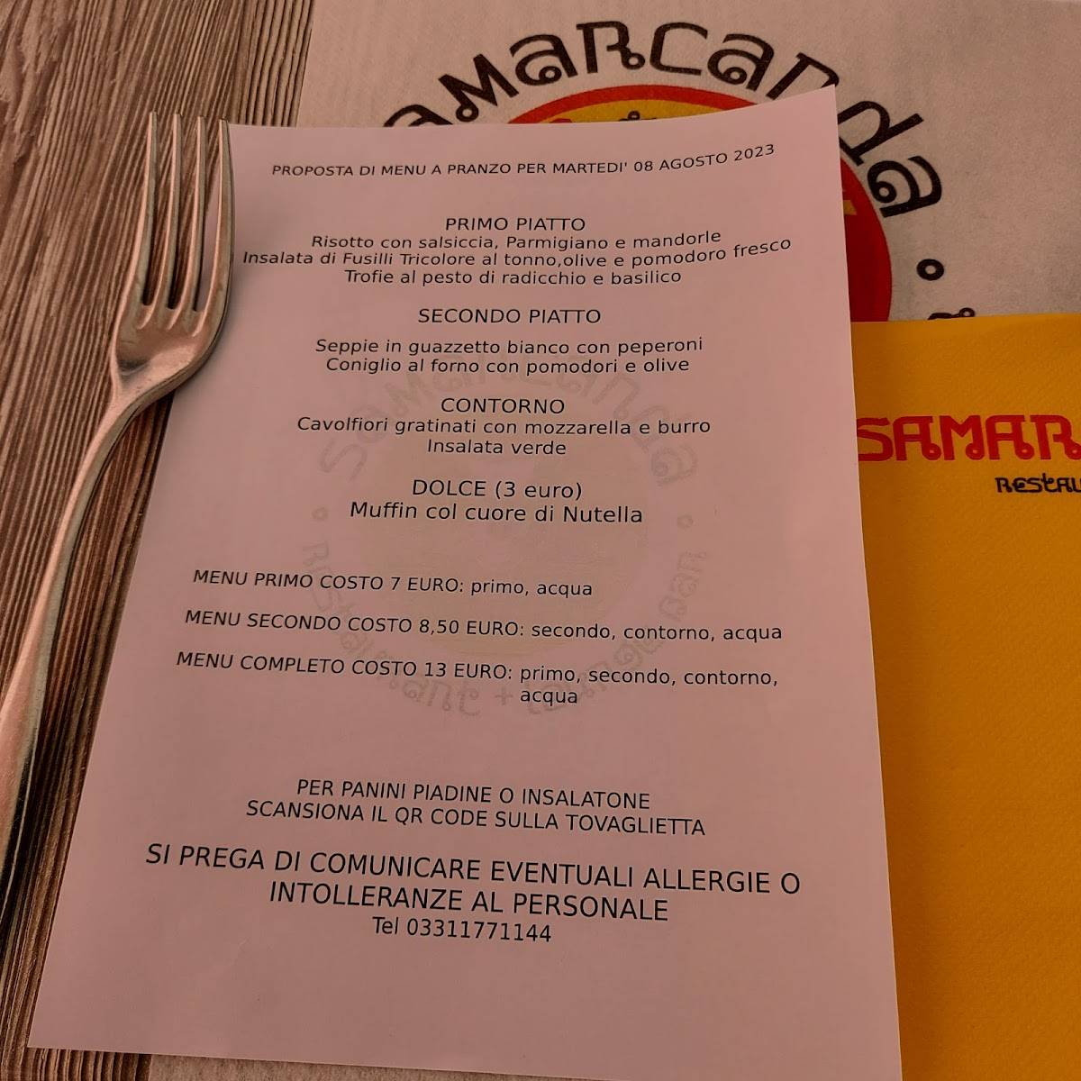 Menu at Samarcanda restaurant, Somma Lombardo