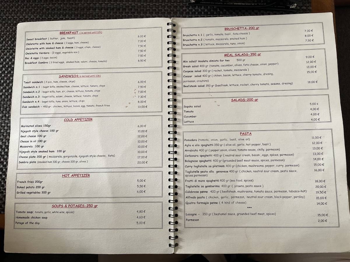 Menu at Sambra Pizzeria, Budva