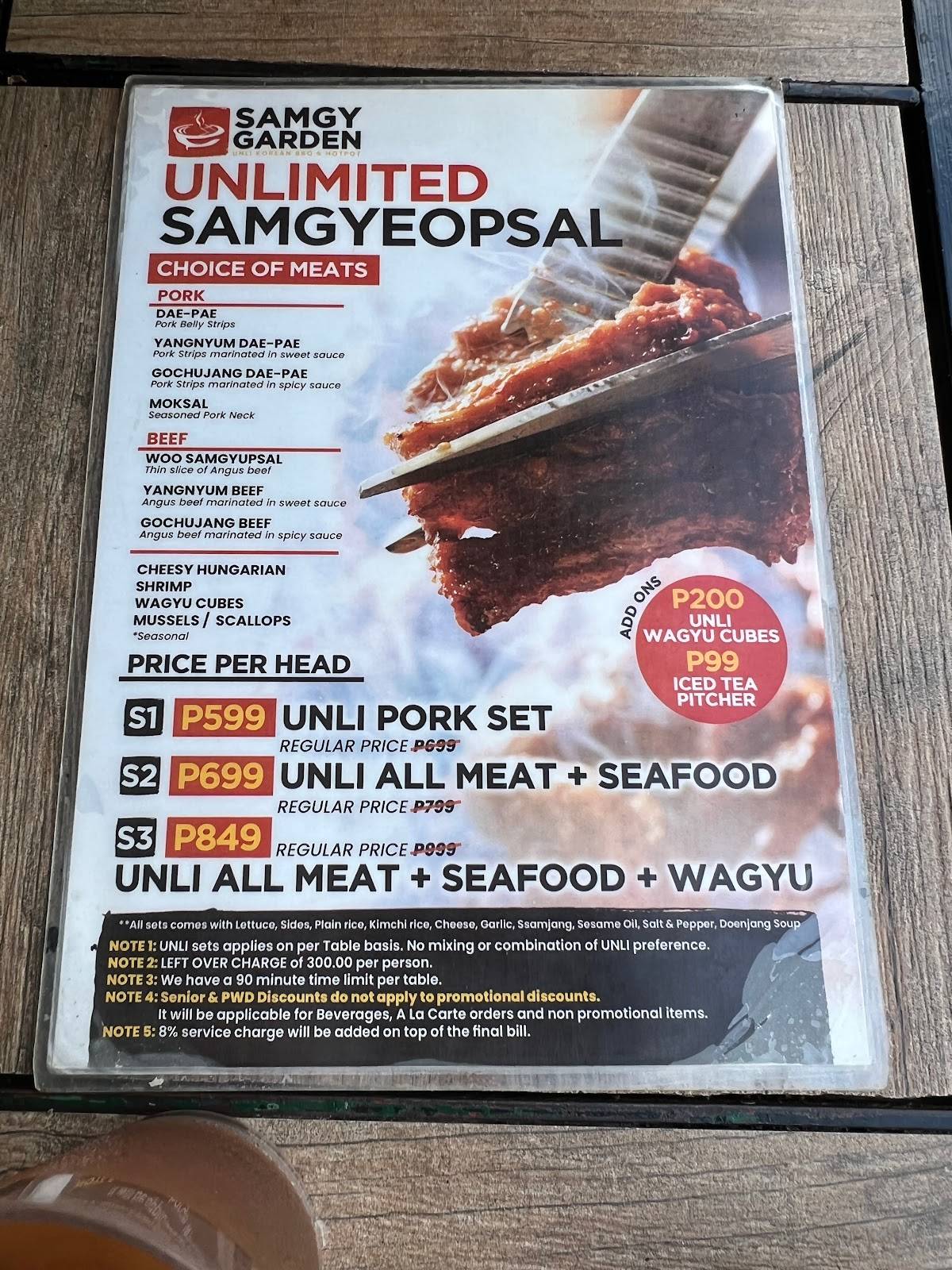 Menu at Samgy Garden restaurant, Pasay, Samgy Garden